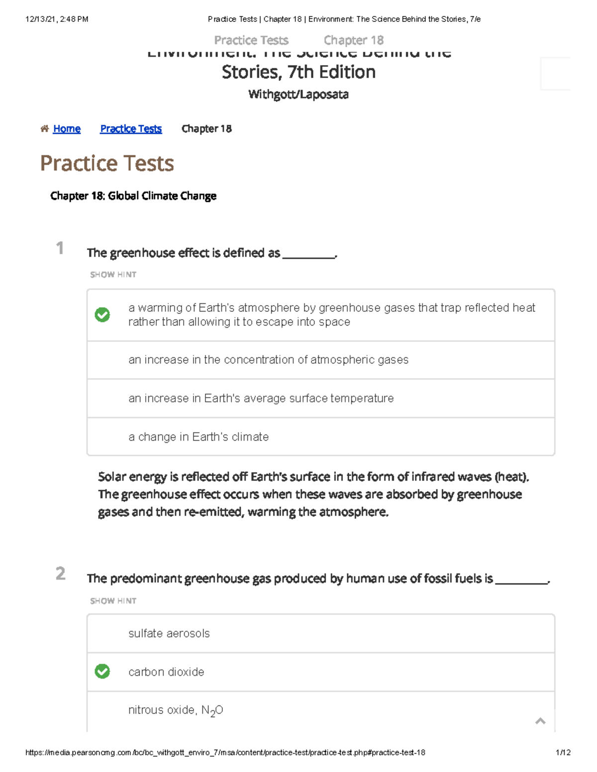 Practice Tests Chapter 18 Environment The Science Behind the Stories, 7 ...
