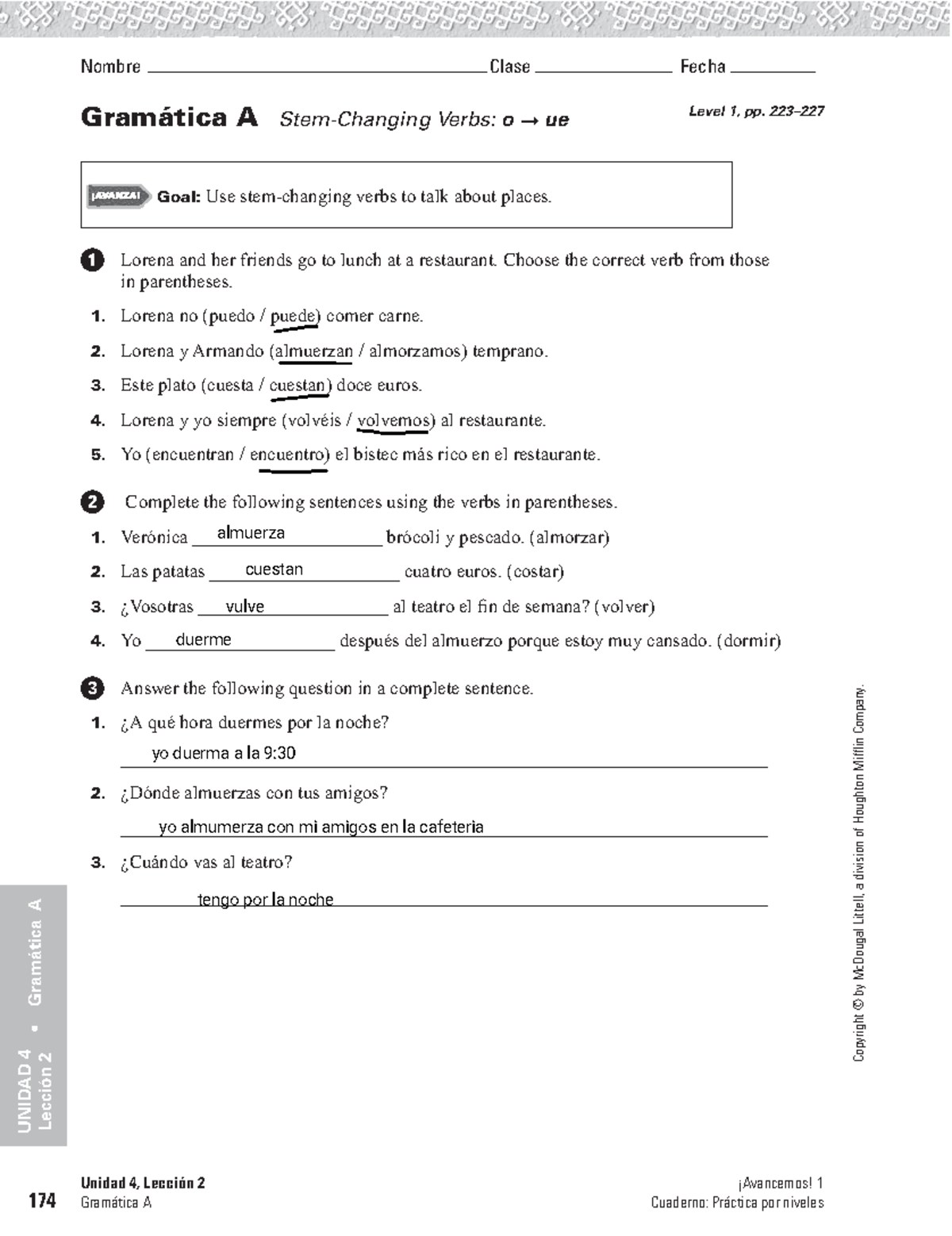 - Unit 4 Lesson 2 Stem Changing Verbs o(ue) e(i) Workbook pgs 174, 175 ...