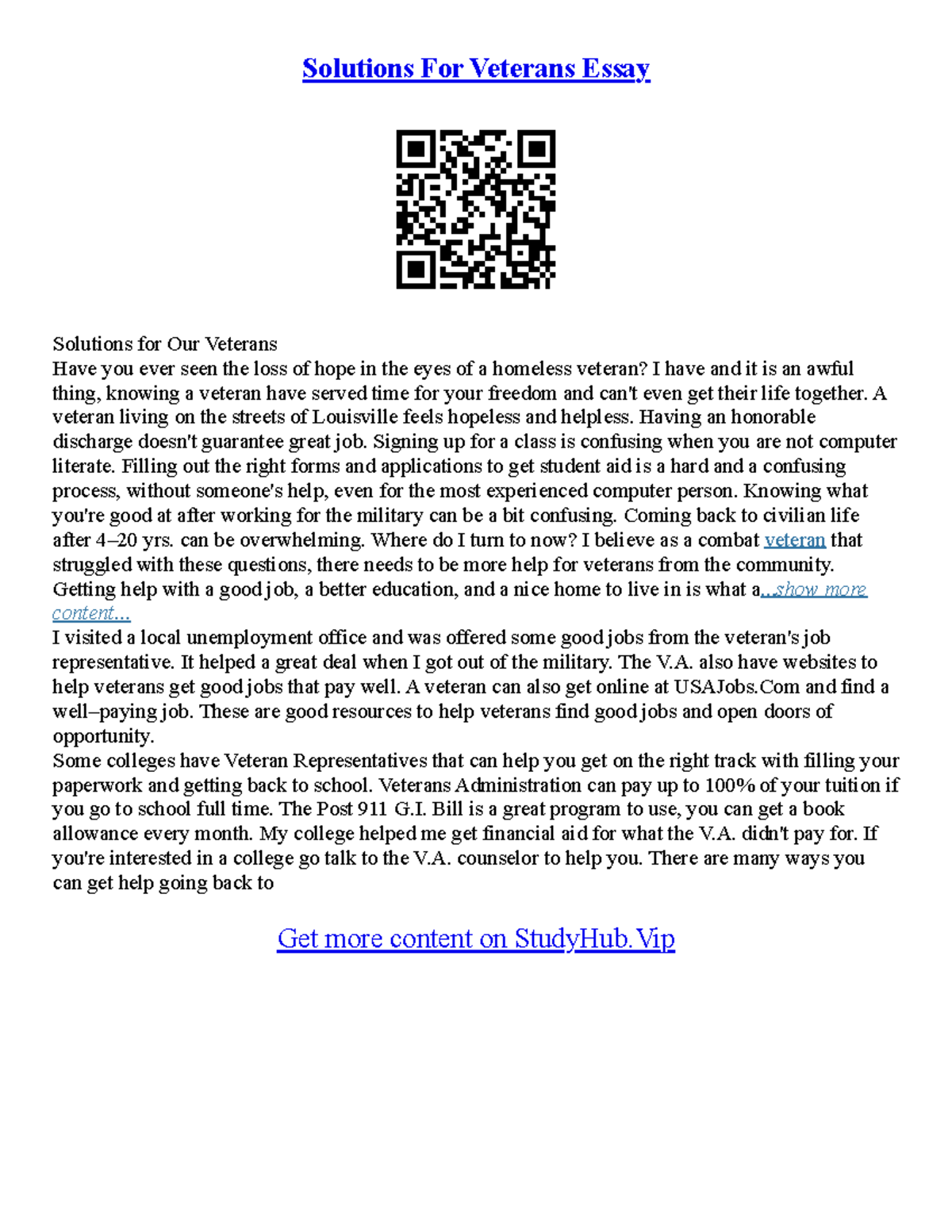 Veterans Essays - Solutions For Veterans Essay Solutions for Our ...
