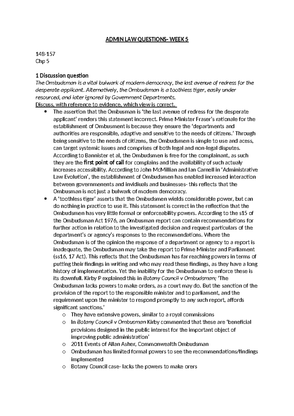 Week-5-ADmin - Administrative law weekly notes - ADMIN LAW QUESTIONS ...