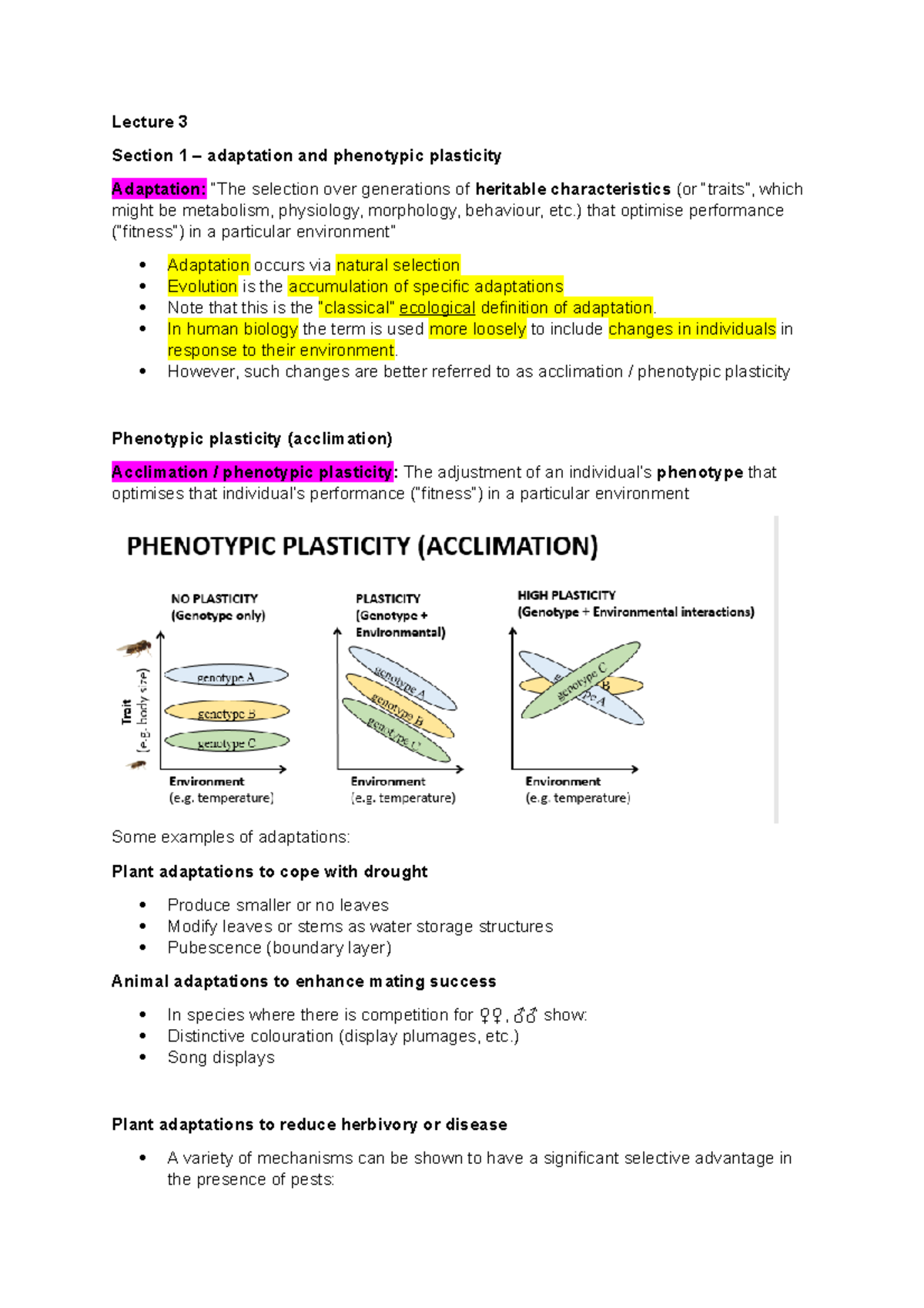 Lecture 3 - Lecture 3 Section 1 – adaptation and phenotypic plasticity ...