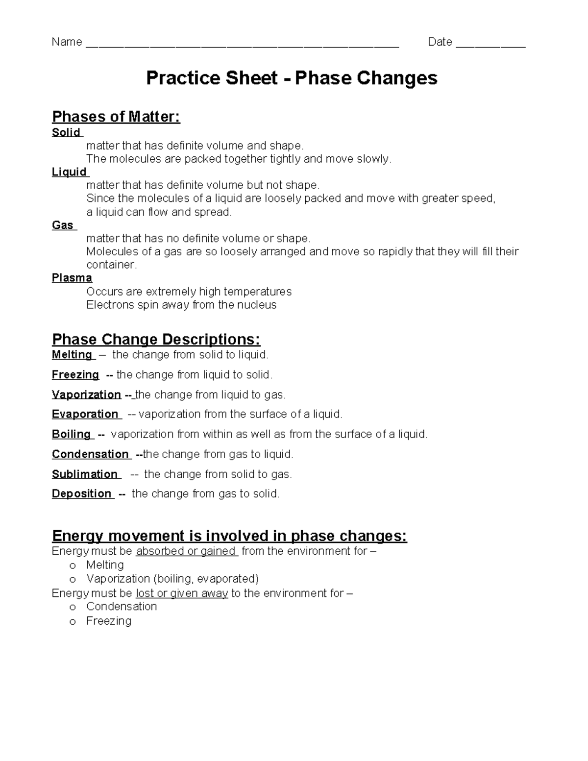 Practice sheet - phase changes - Name ...
