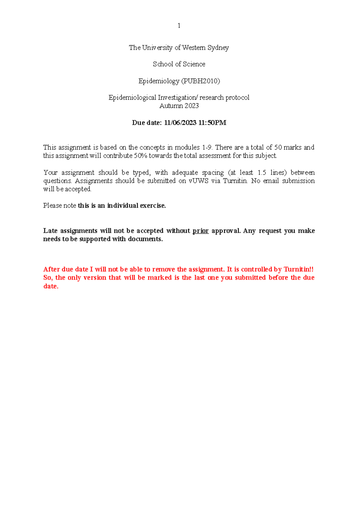 Assignment Epi protocol Aut 2023 - The University of Western Sydney ...