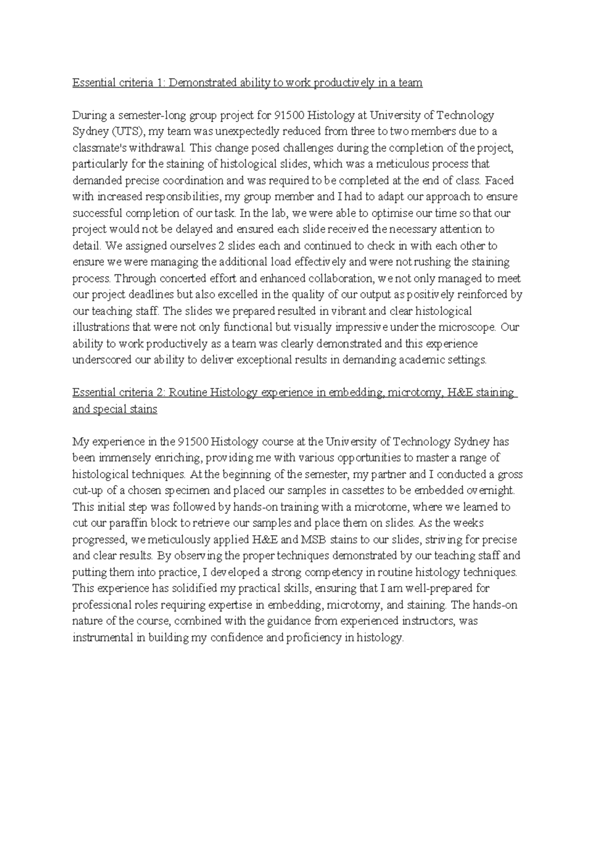 Criteria Response - Essential criteria 1 : Demonstrated ability to work ...
