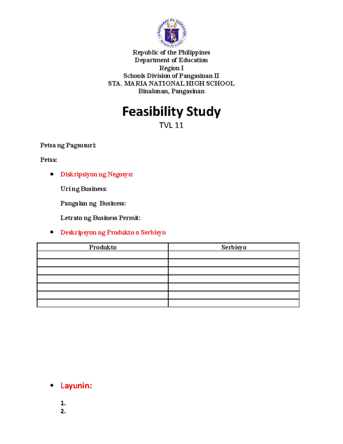 Tvl feasibility study - nne - Republic of the Philippines Department of ...