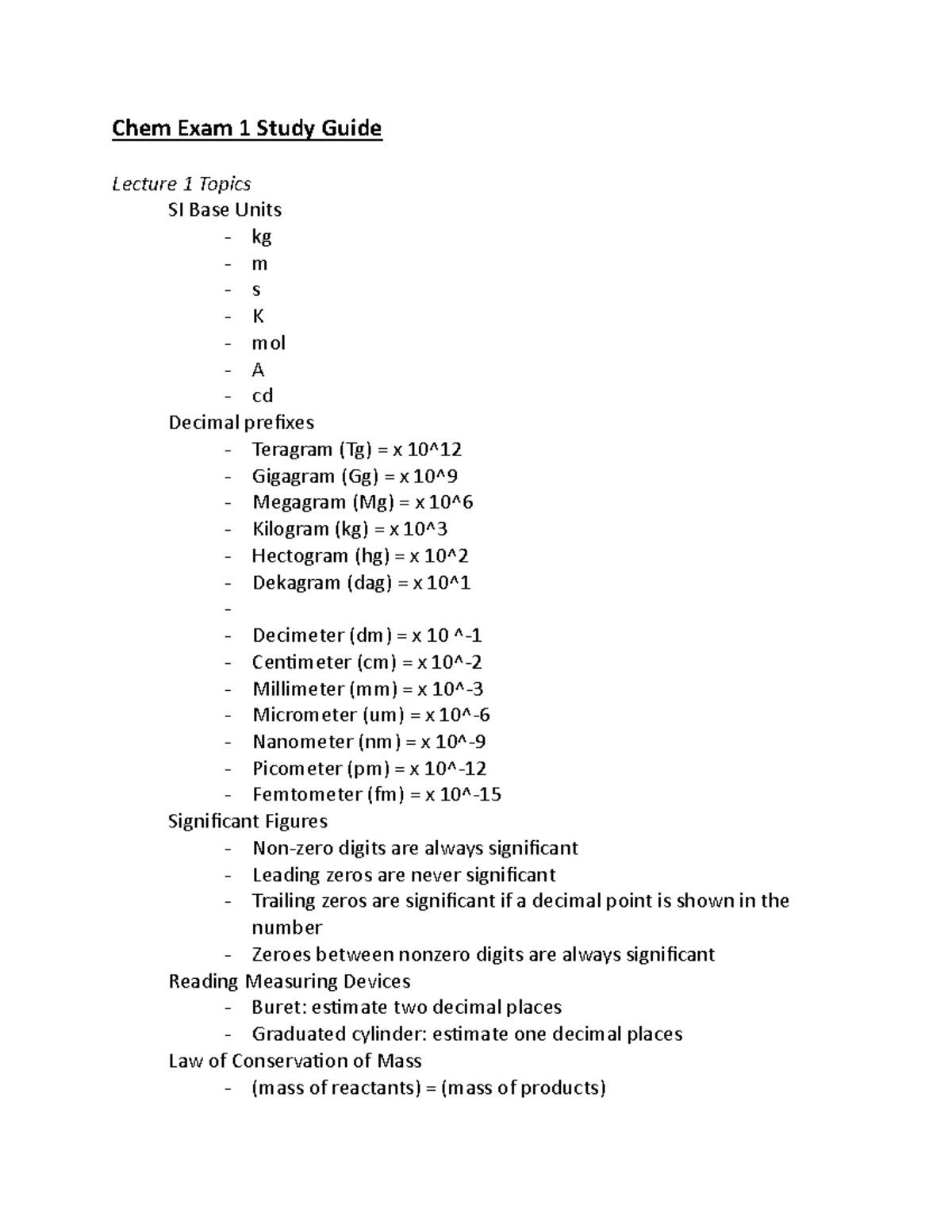 Chem115 Exam 1 Study Guide - Chem Exam 1 Study Guide Lecture 1 Topics ...