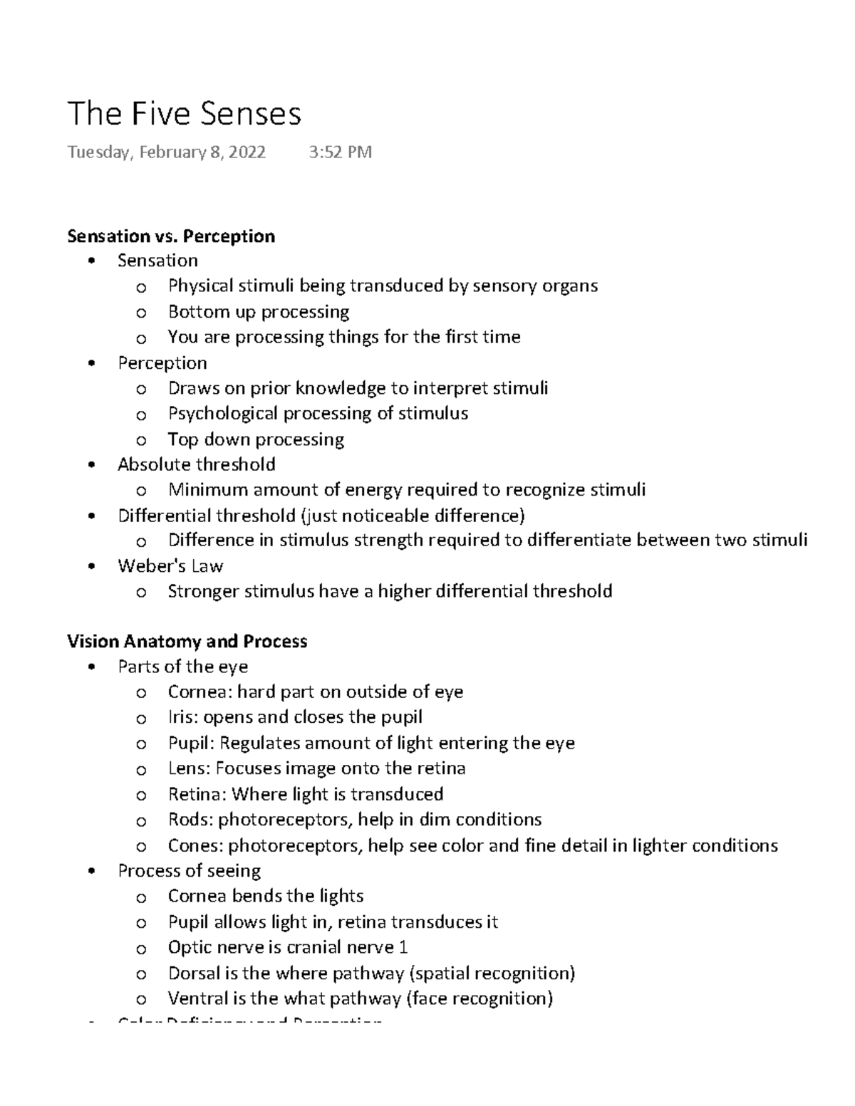 The Five Senses - This is for Jared's psych class. - Sensation vs ...