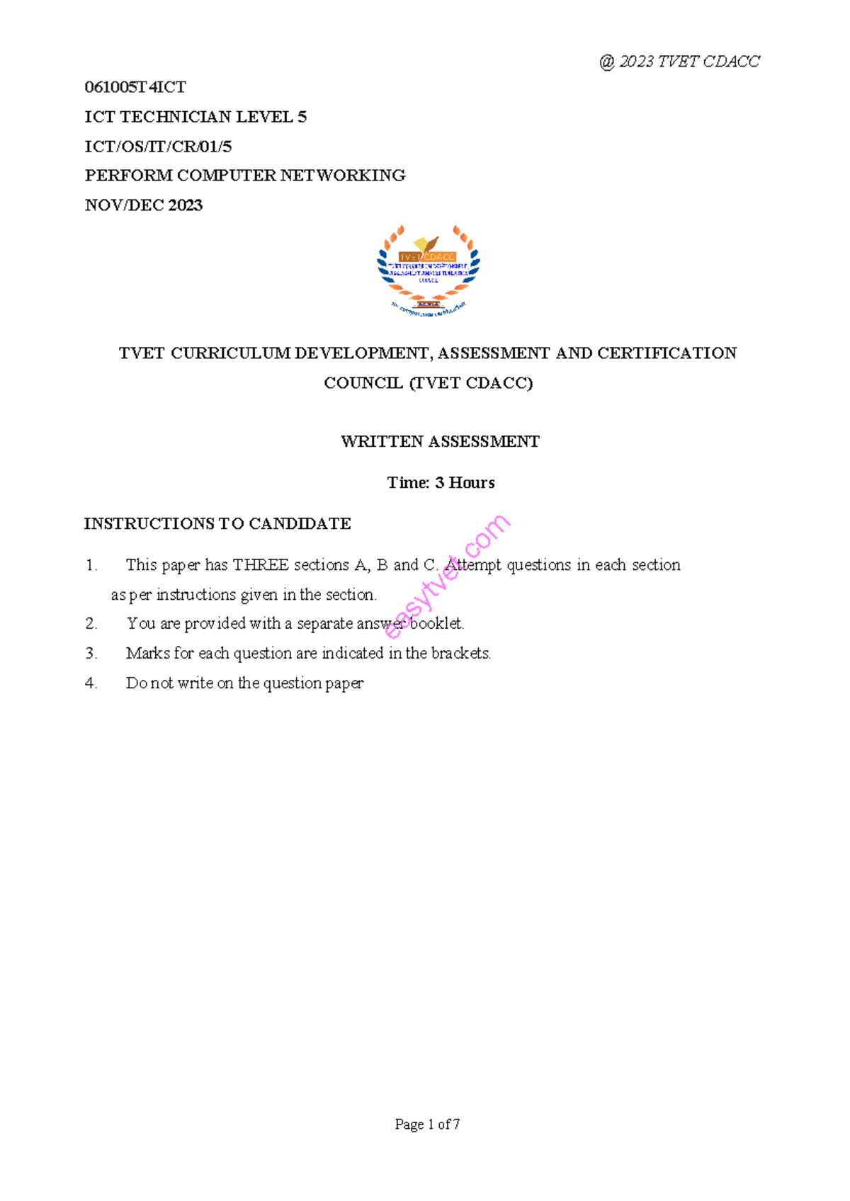 2023n - Good - 061005T4ICT ICT TECHNICIAN LEVEL 5 ICT/OS/IT/CR/01/ PERFORM COMPUTER NETWORKING ...