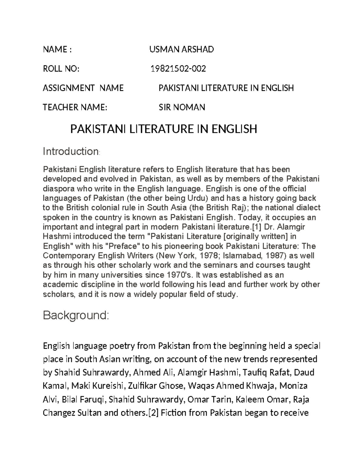 Usman Arshad Assignmnet - NAME : USMAN ARSHAD ROLL NO: 19821502 ...