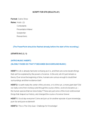 Script FOR STS - SCRIPT FOR STS (ROLE PLAY) Format: Game Show Roles ...