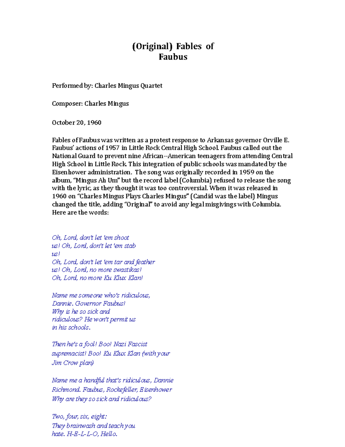 Fables of Faubus - (Original) Fables of Faubus Performed by: Charles ...