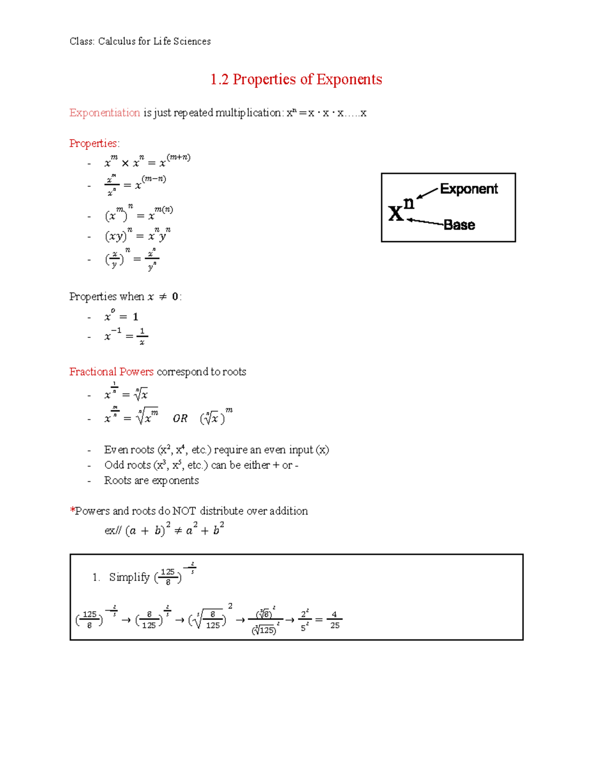 1.2 Properties of Exponents - Google Docs - Class: Calculus for Life ...