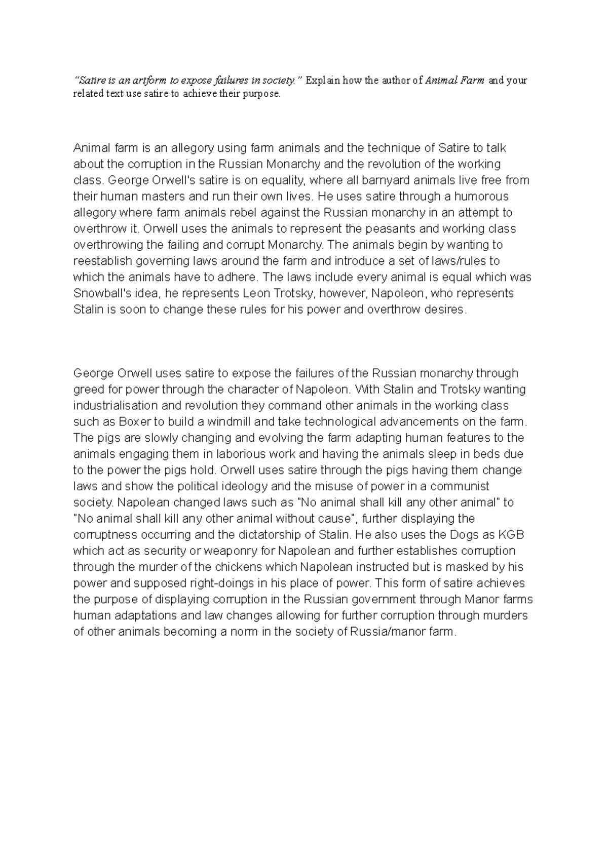 English practise essay - “Satire is an artform to expose failures in ...