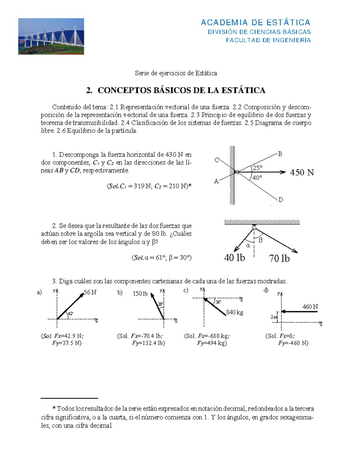 Serie 2Estatica - Conceptos básicos de estatica - 28∞ 460 N y x 150 lb y x a) b) c) d) 42∞ x y ...