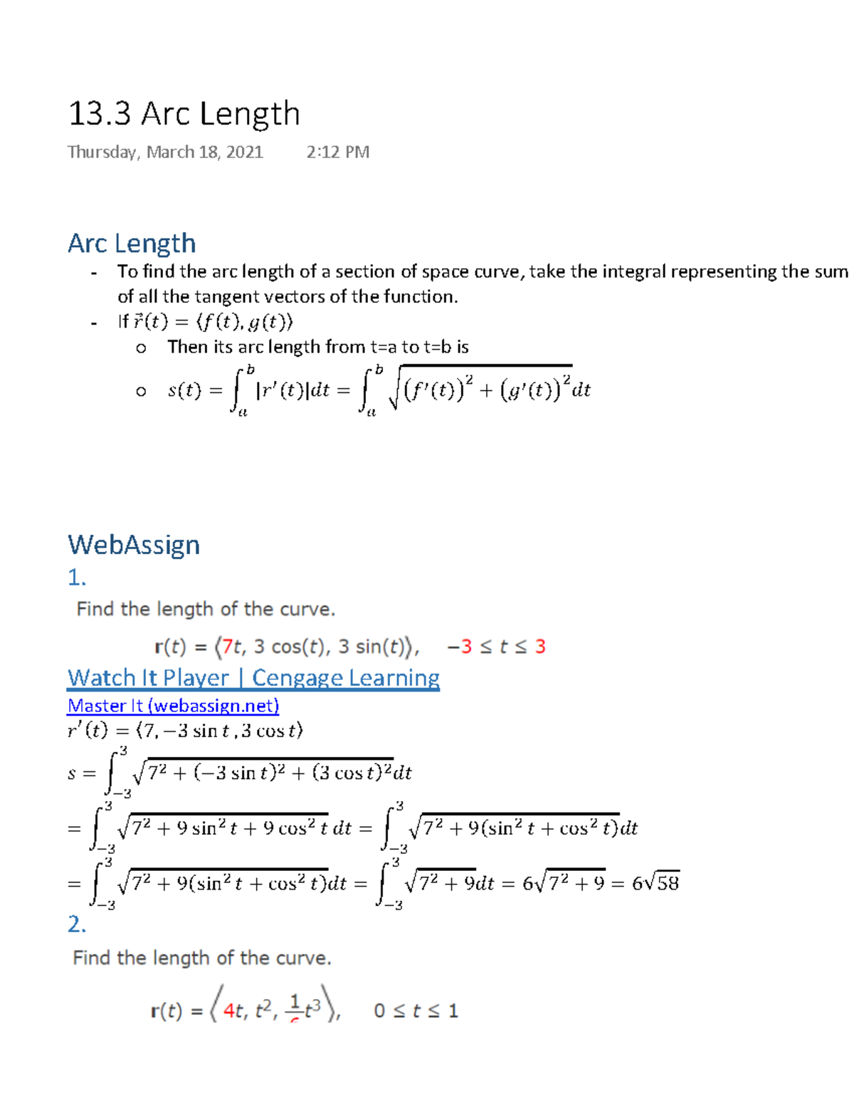 13.3 Arc Length - Lecture notes 13.3 - Arc Length To find the arc ...