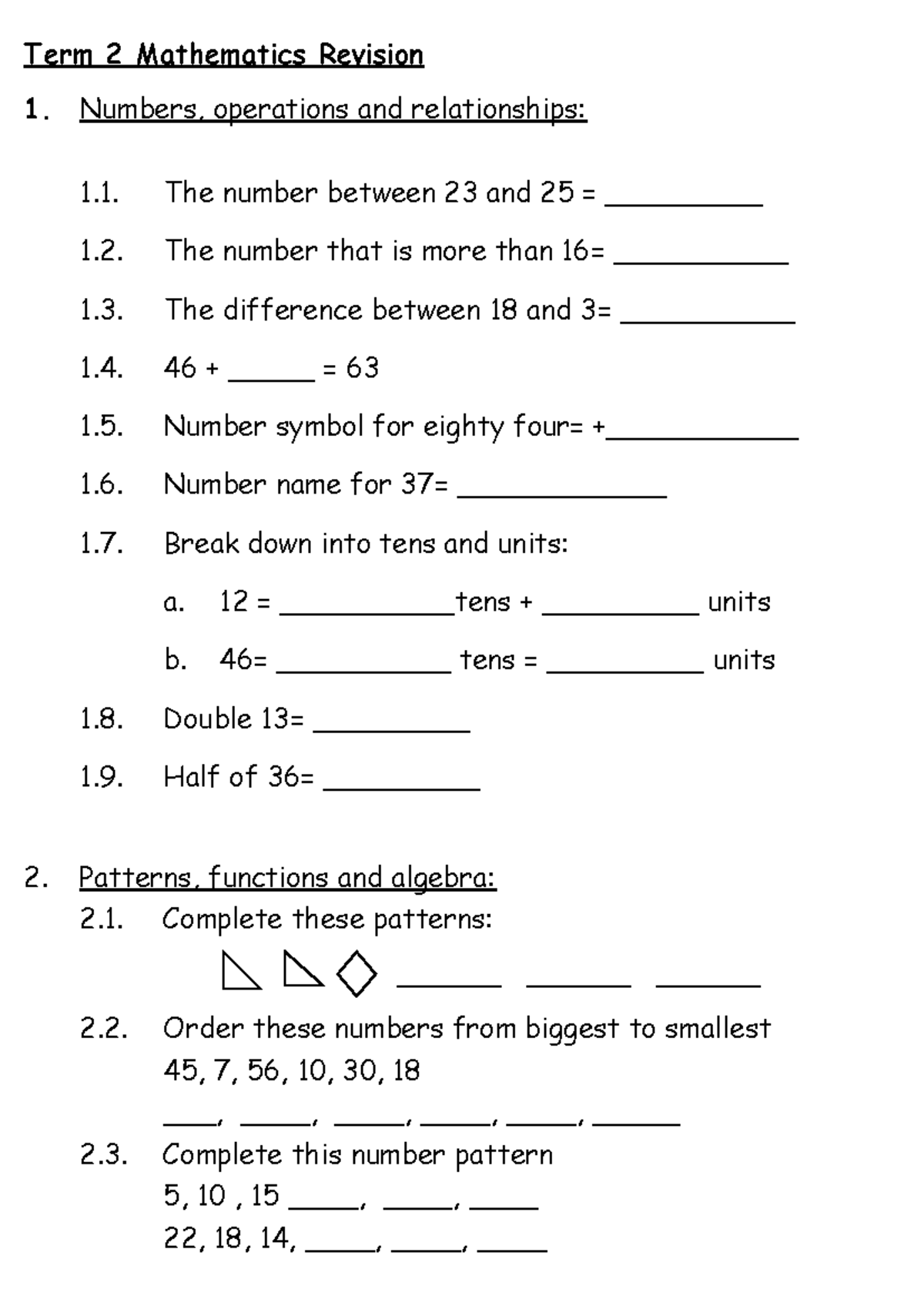 Term 2 Mathematics Revision - Term 2 Mathematics Revision Numbers ...