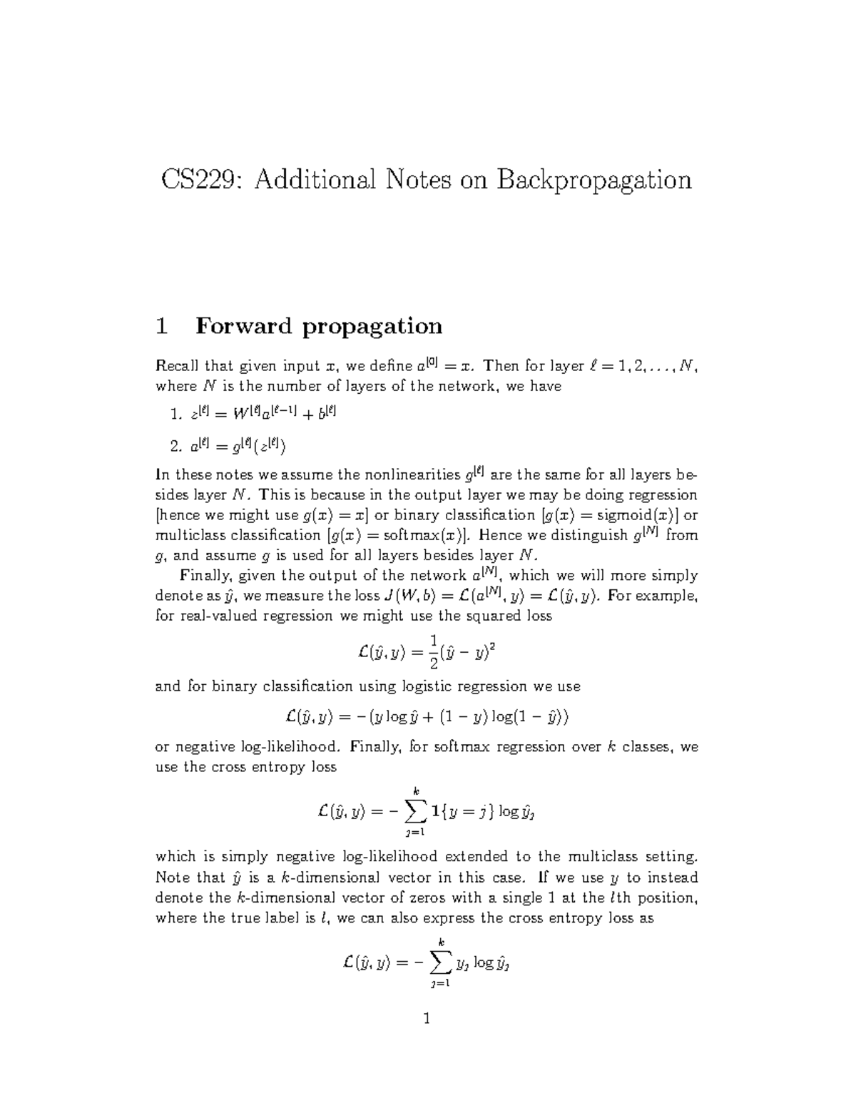 Cs229-notes-backprop - CS229: Additional Notes on Backpropagation 1 ...