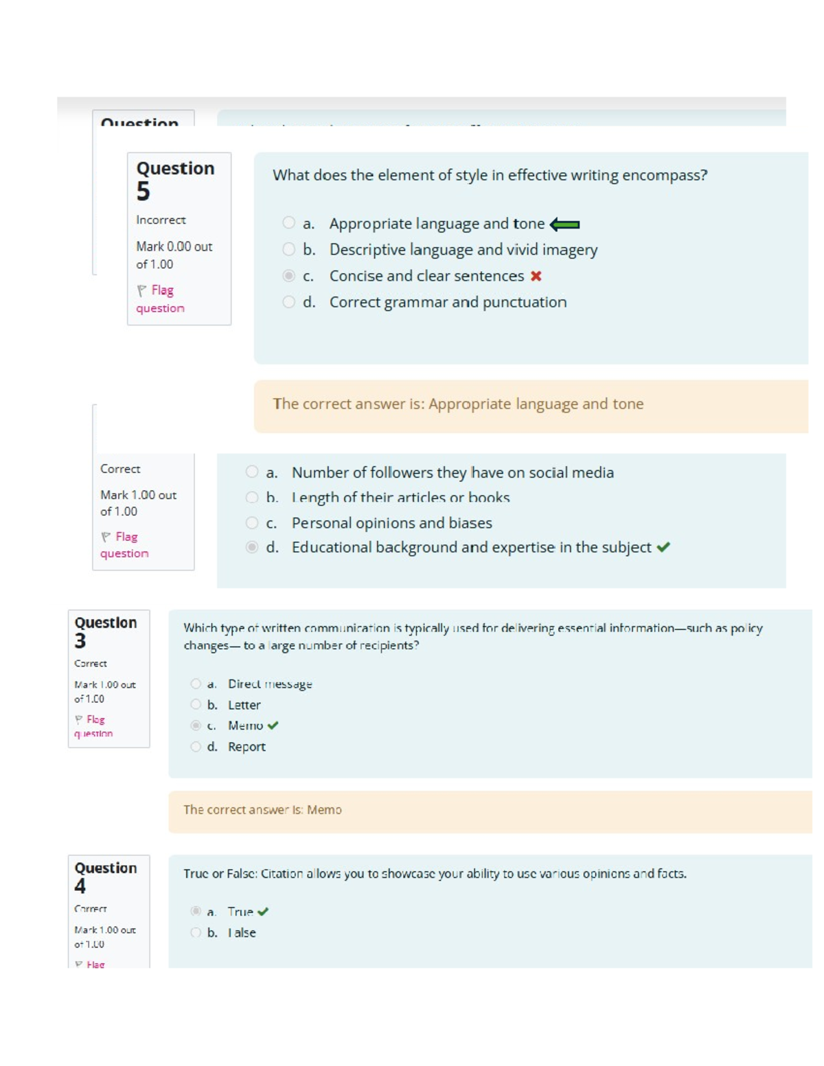 ENGL 1102 self quiz unit 1 - Question Question What does the element of ...