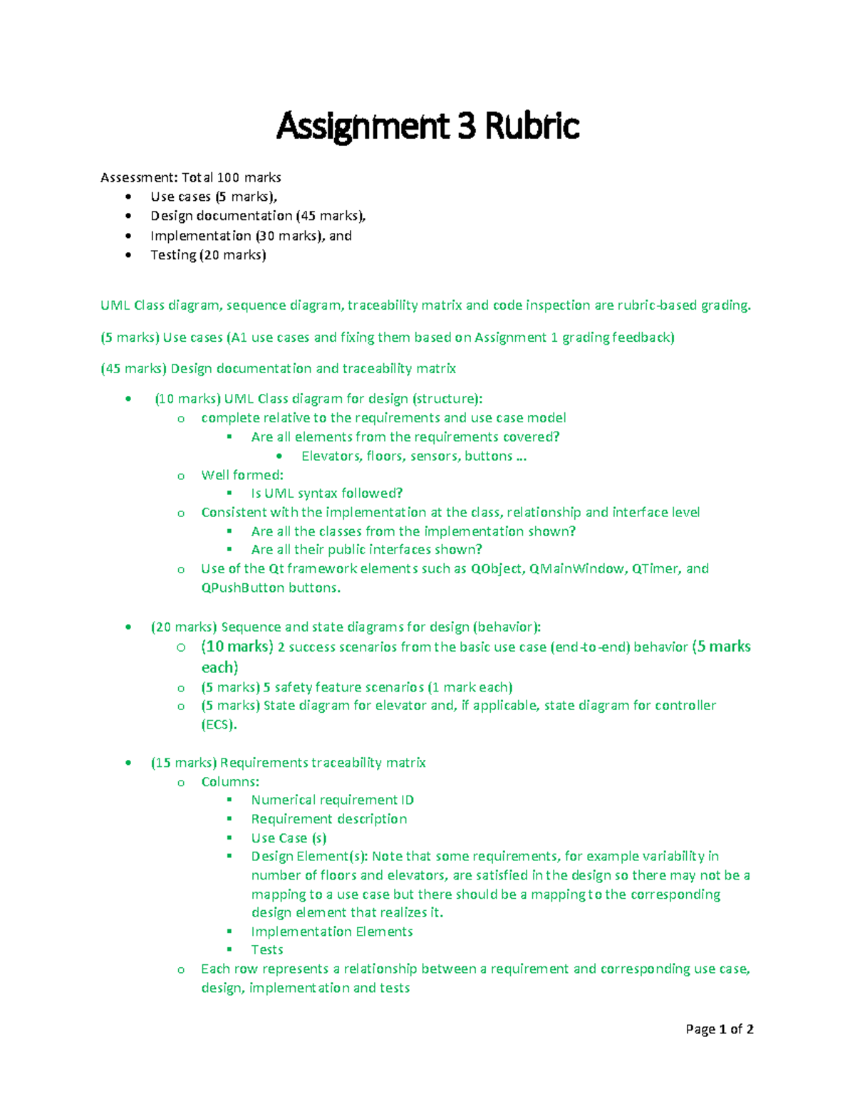 Assignment 3 Rubric - Page 1 of 2 Assignment 3 Rubric Assessment: Total 100 marks Use cases ( 5 ...
