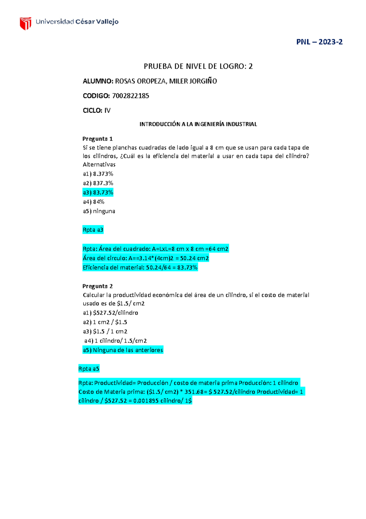 Prueba DE Nivel DE Logro 2 - PRUEBA DE NIVEL DE LOGRO: 2 ALUMNO: ROSAS OROPEZA, MILER JORGIÑO ...