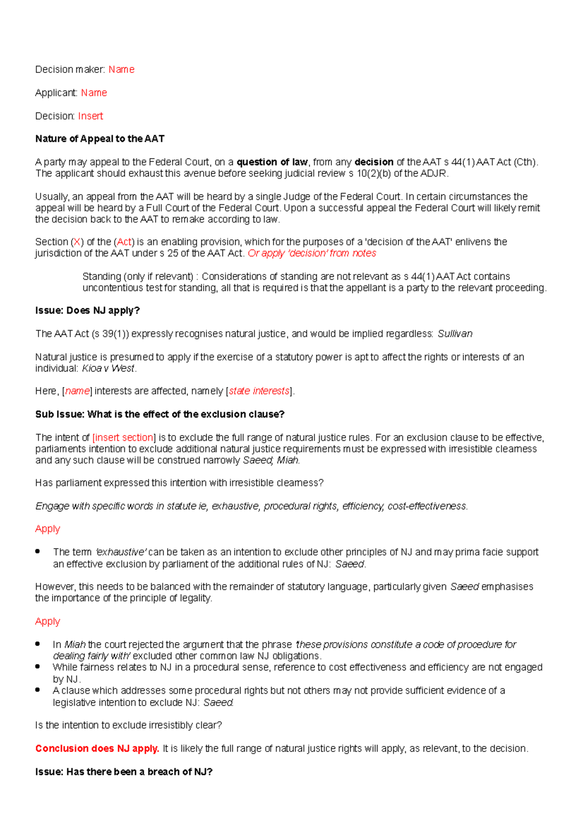 Template AAT TO FCA Natural Justice - Decision maker: Name Applicant ...
