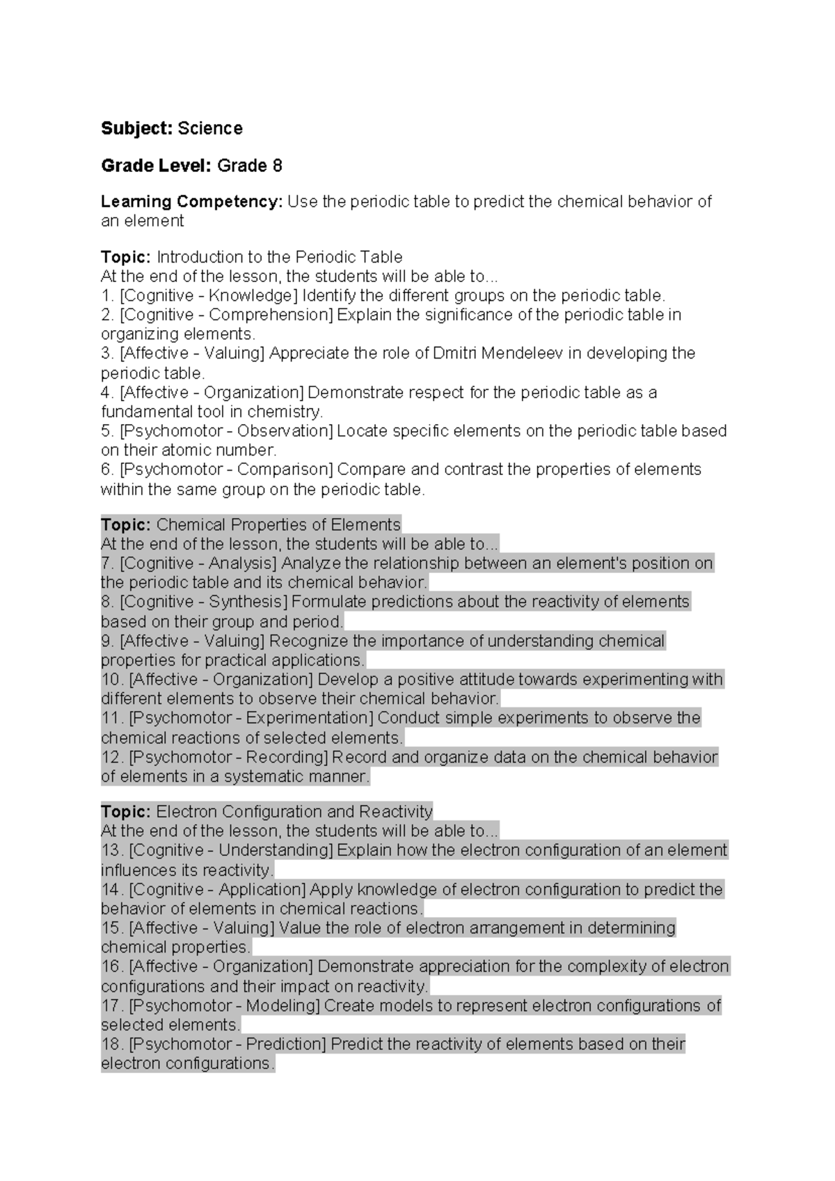 Learning competency - Subject: Science Grade Level: Grade 8 Learning ...
