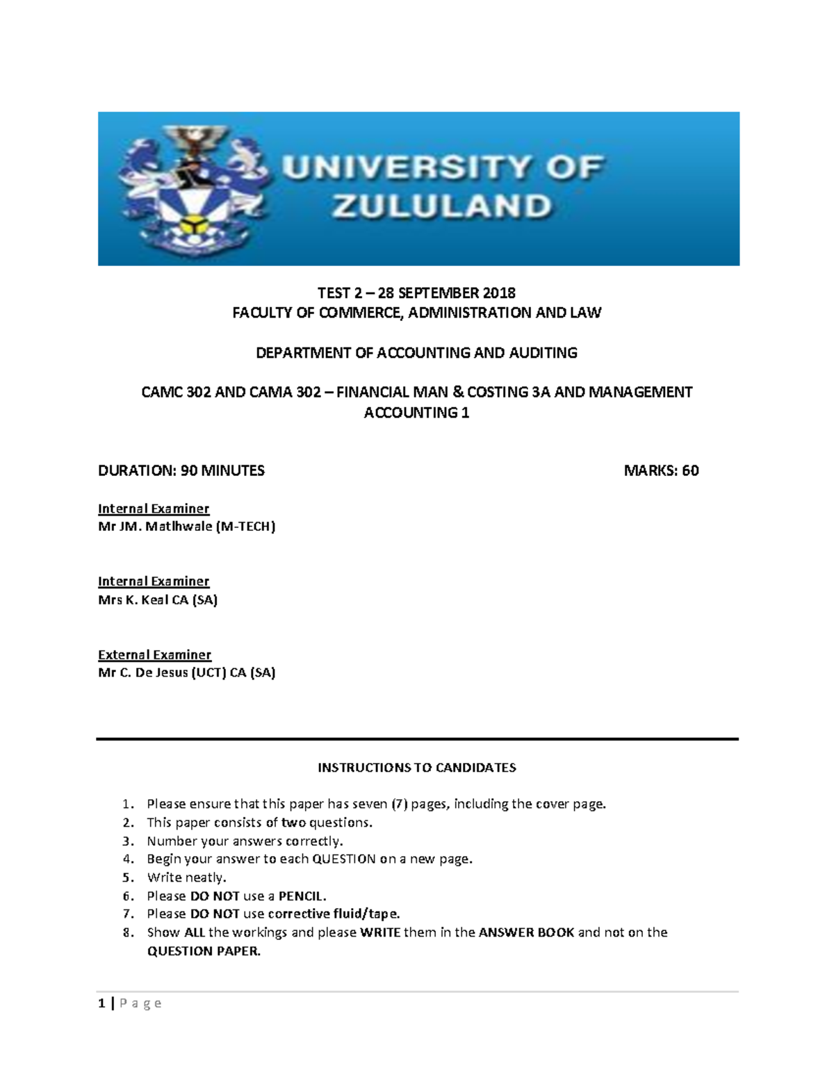 2018 Test 2 fnl - test practice - TEST 2 – 28 SEPTEMBER 2018 FACULTY OF ...