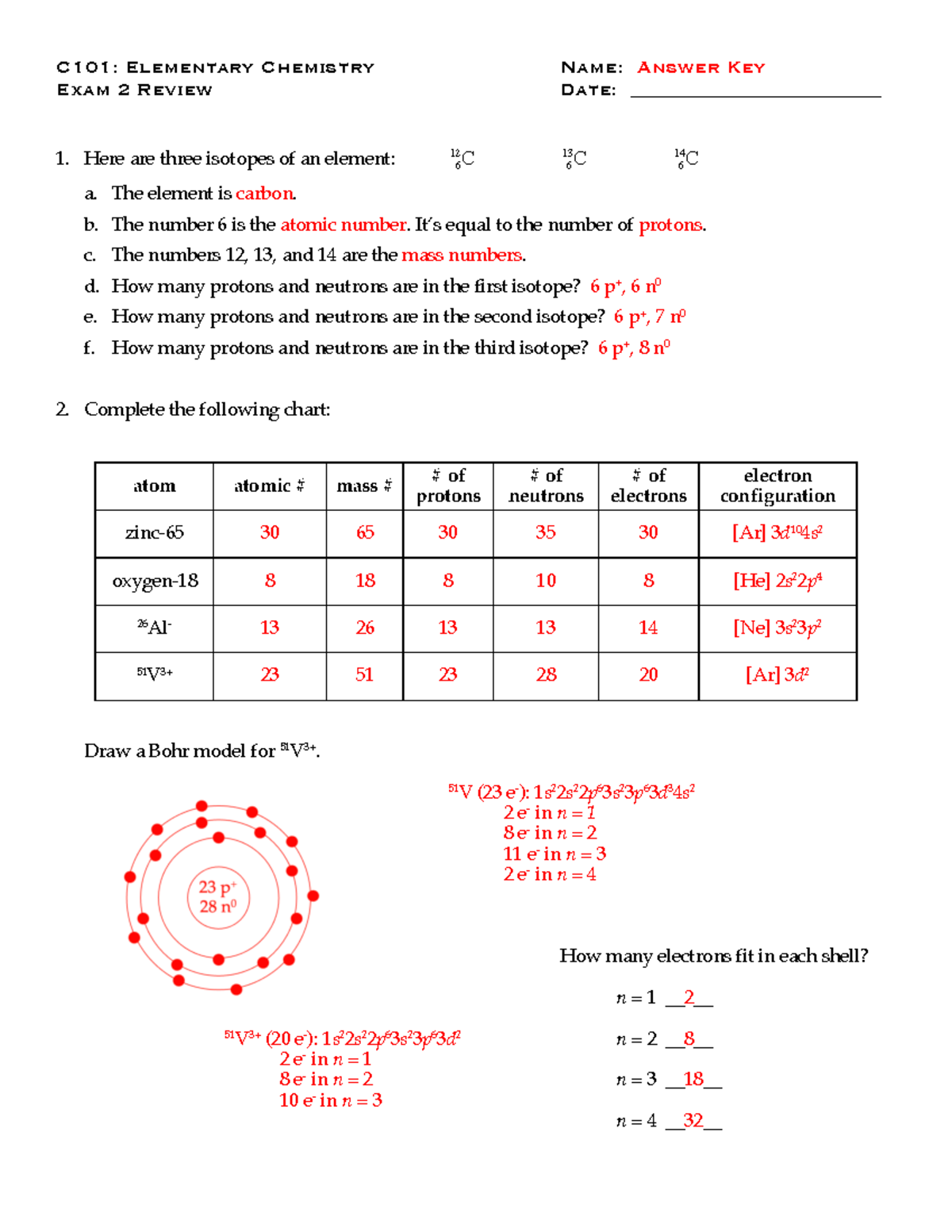 Practice Problems Answer Key - C101: Elementary Chemistry Name: Answer ...