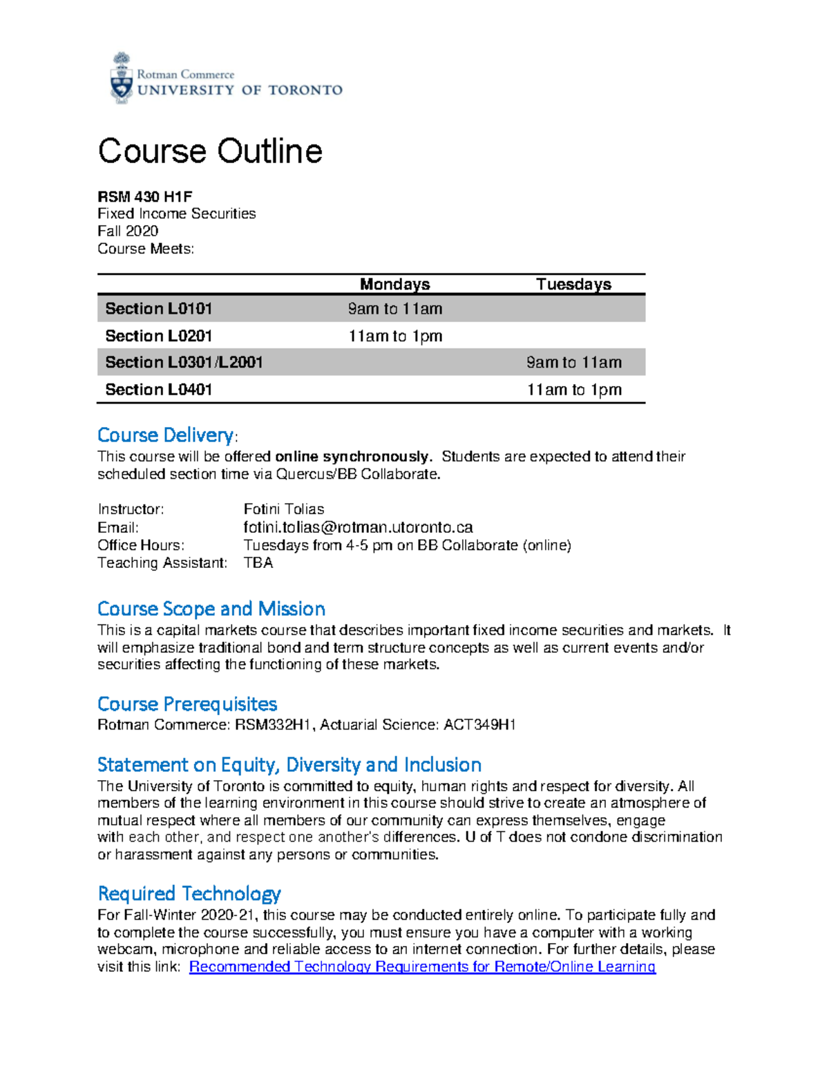 Syllabus 2020 - ahh - Course Outline ####### RSM 430 H1F Fixed Income ...