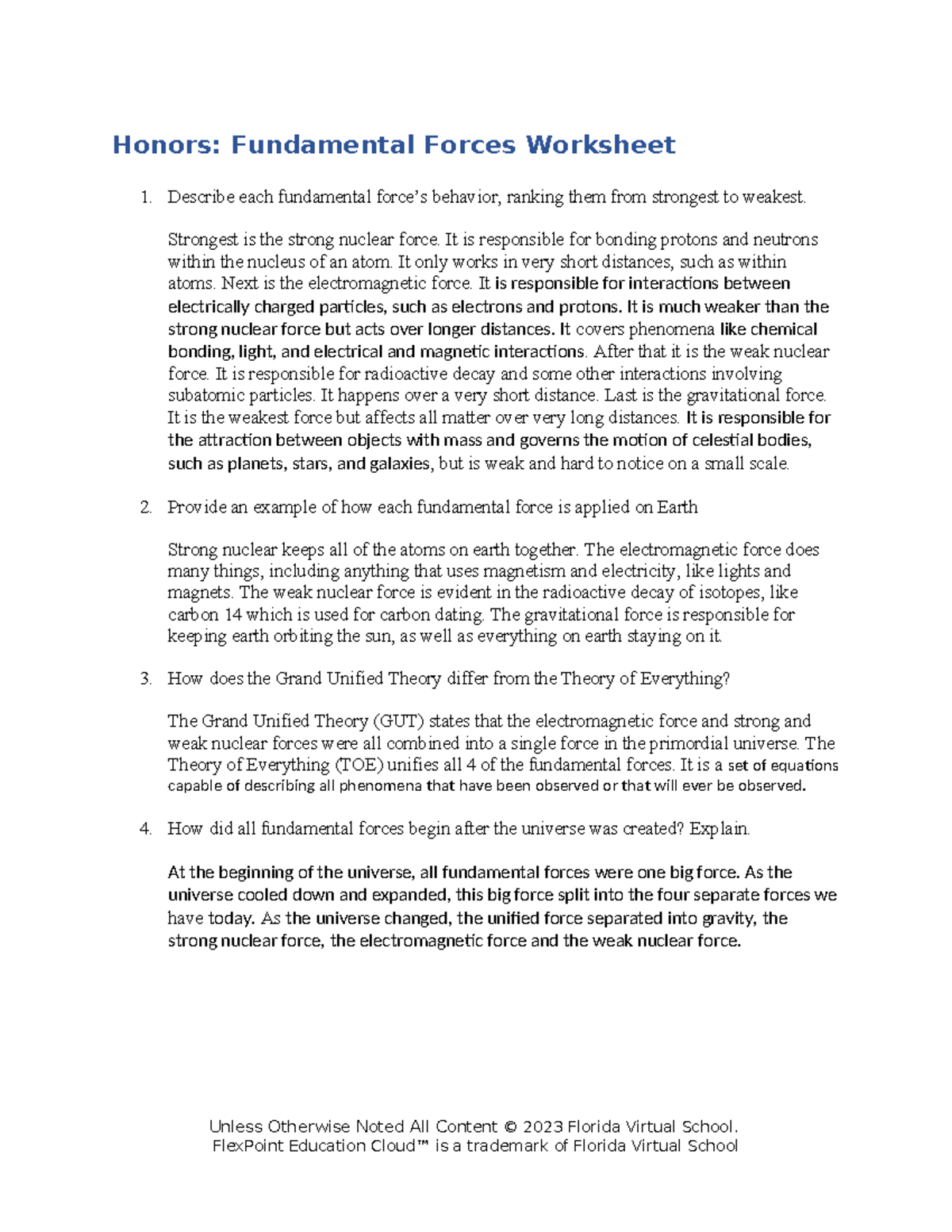 Fundamental forces activity worksheet - Honors: Fundamental Forces ...