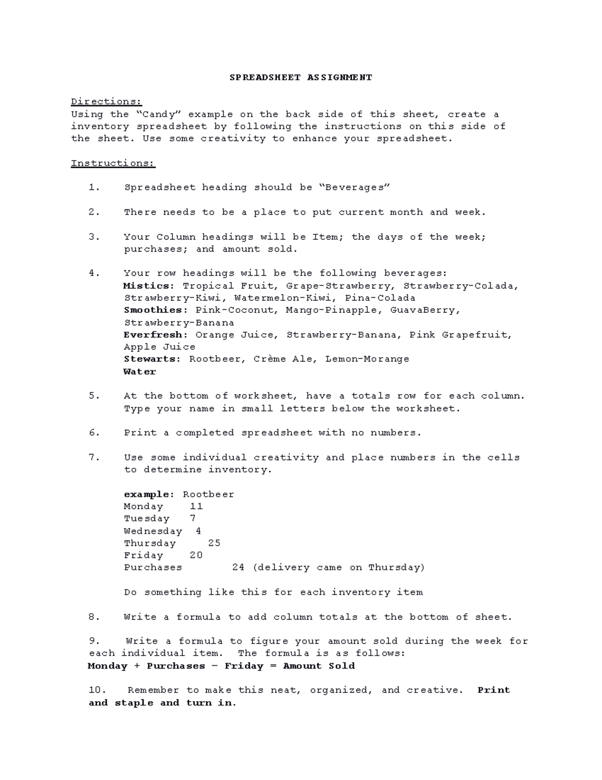 Candy Spreadsheet - SPREADSHEET ASSIGNMENT Directions: Using the “Candy ...