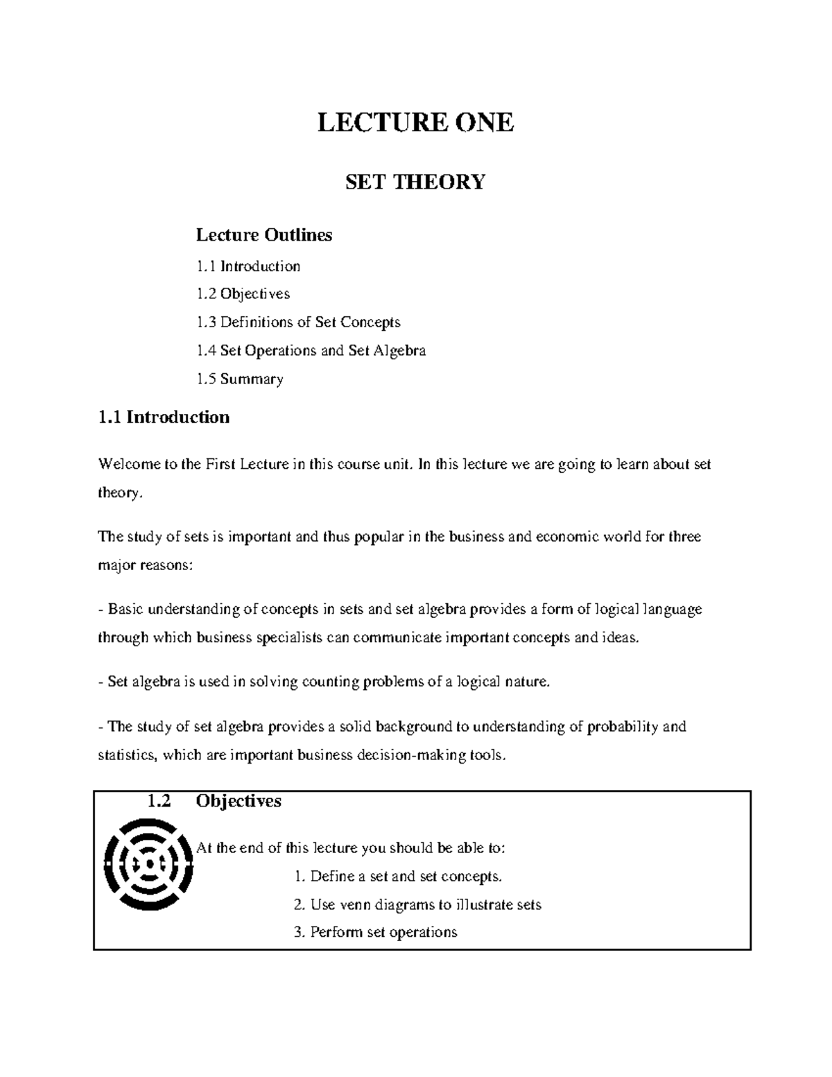 DMS 111 Modified - LECTURE ONE SET THEORY Lecture Outlines 1 Introduction 1 Objectives 1 ...