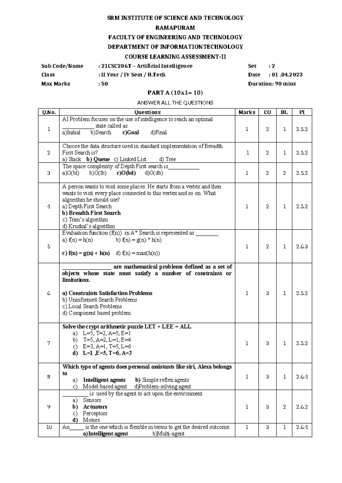 AI CT2 QP SET 2 - key - .ysjnsbcsgsbsiusgdbsnkiausgvs - SRM INSTITUTE OF SCIENCE AND TECHNOLOGY ...