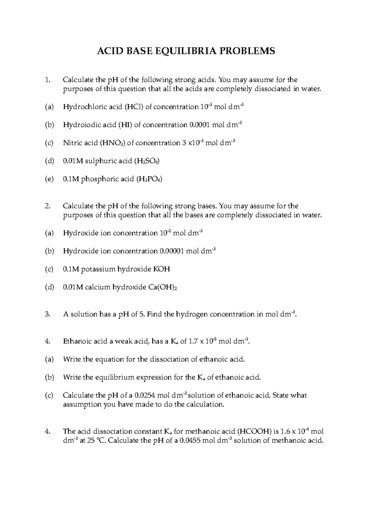 Chemistry Acid Base Class Problems - Questions - ACID BASE EQUILIBRIA ...