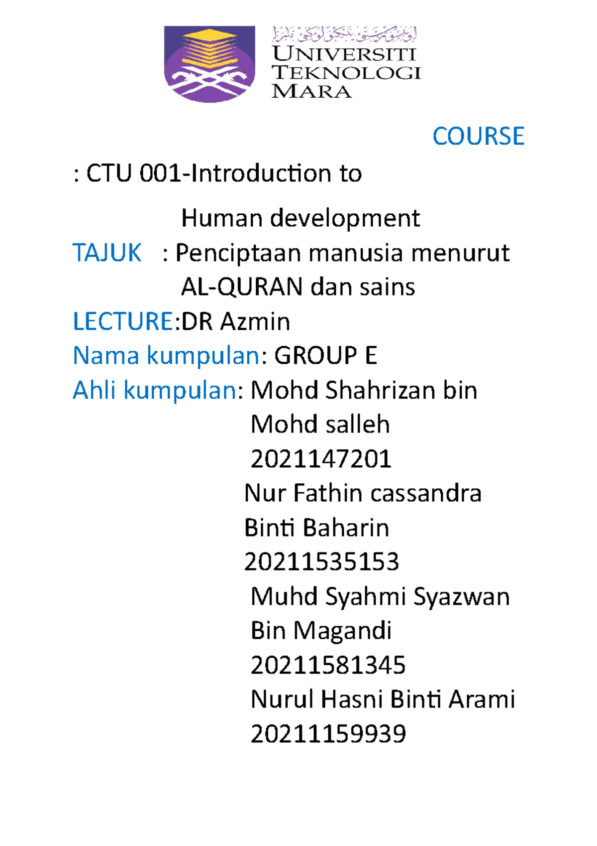 Assignment CTU group final report - COURSE : CTU 001-Introduction to ...