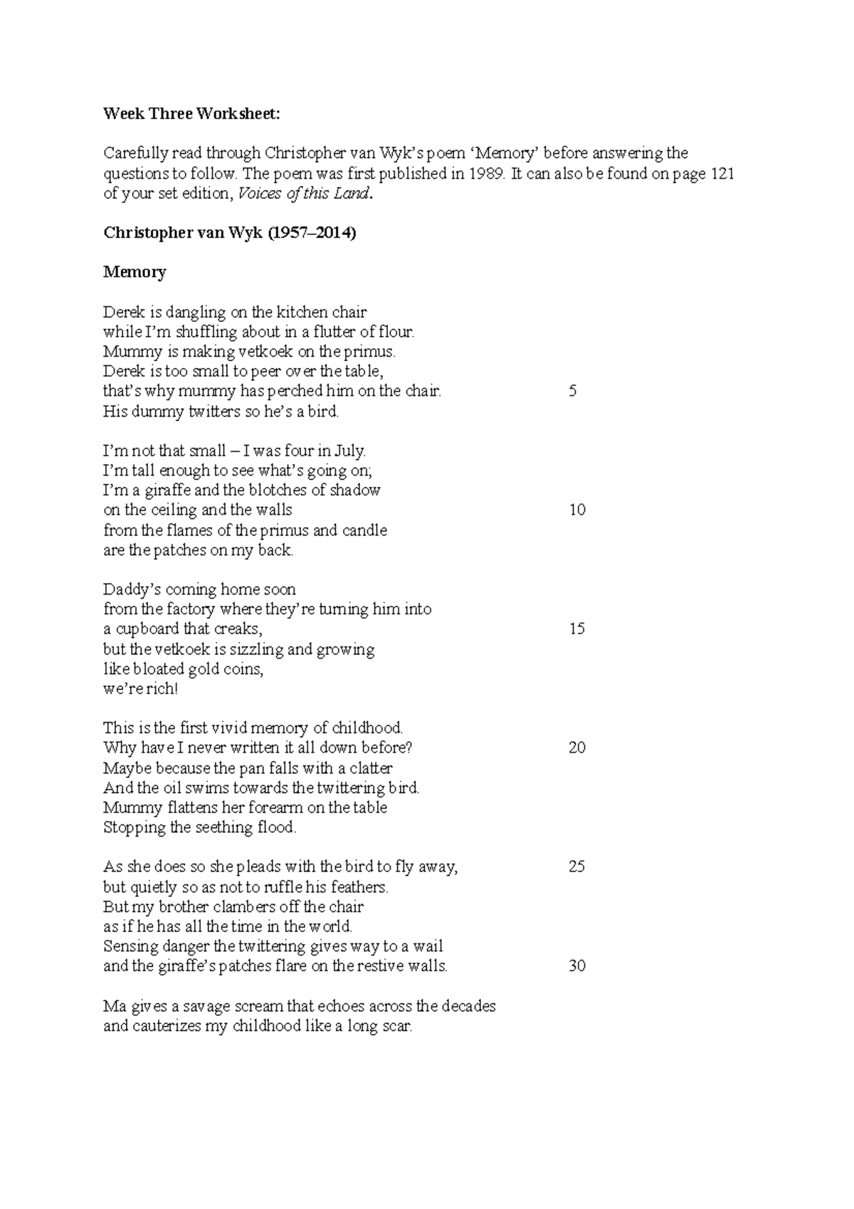 Week 3 Worksheet – SA Poetry - Week Three Worksheet: Carefully read ...