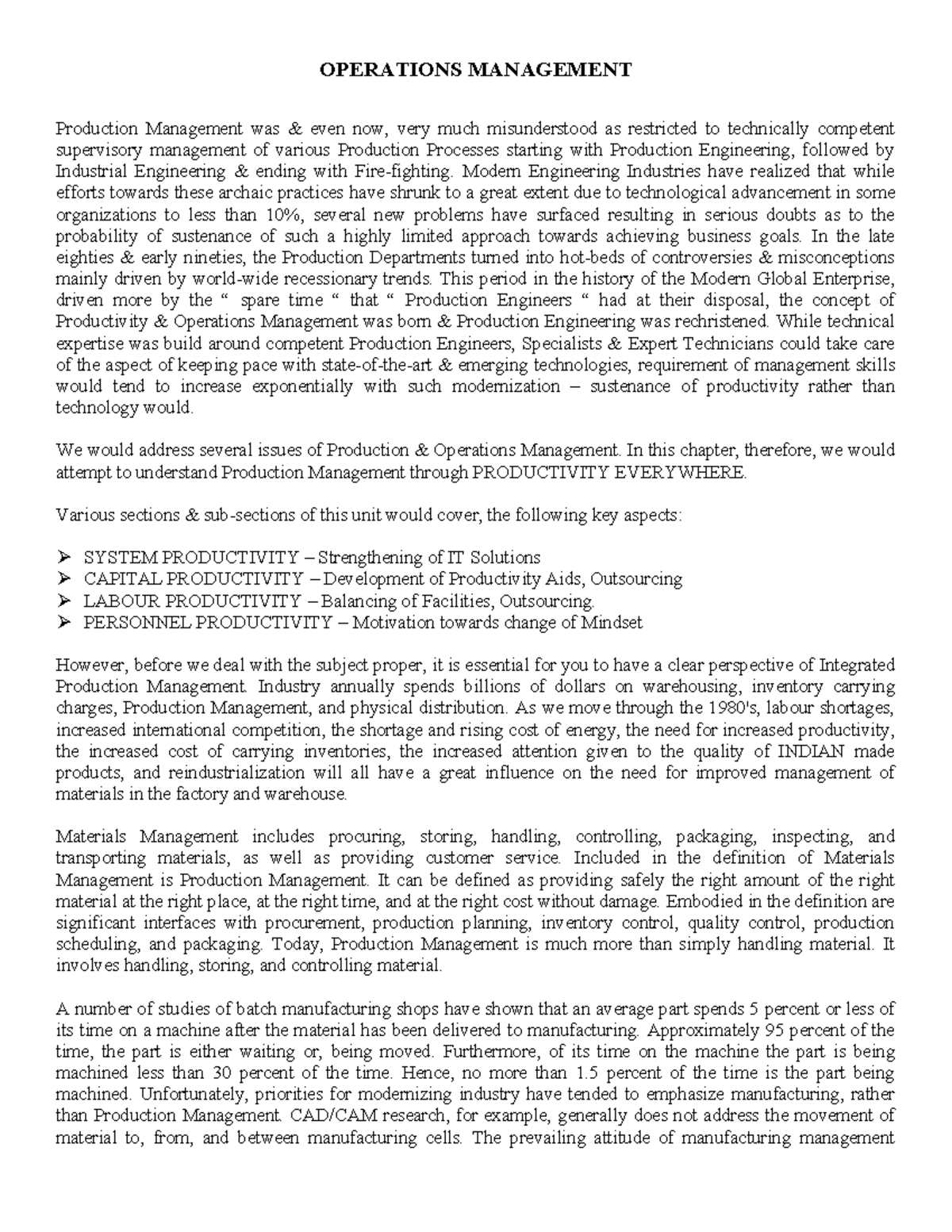 Class Notes 01 - OPERATIONS MANAGEMENT Production Management was & even ...