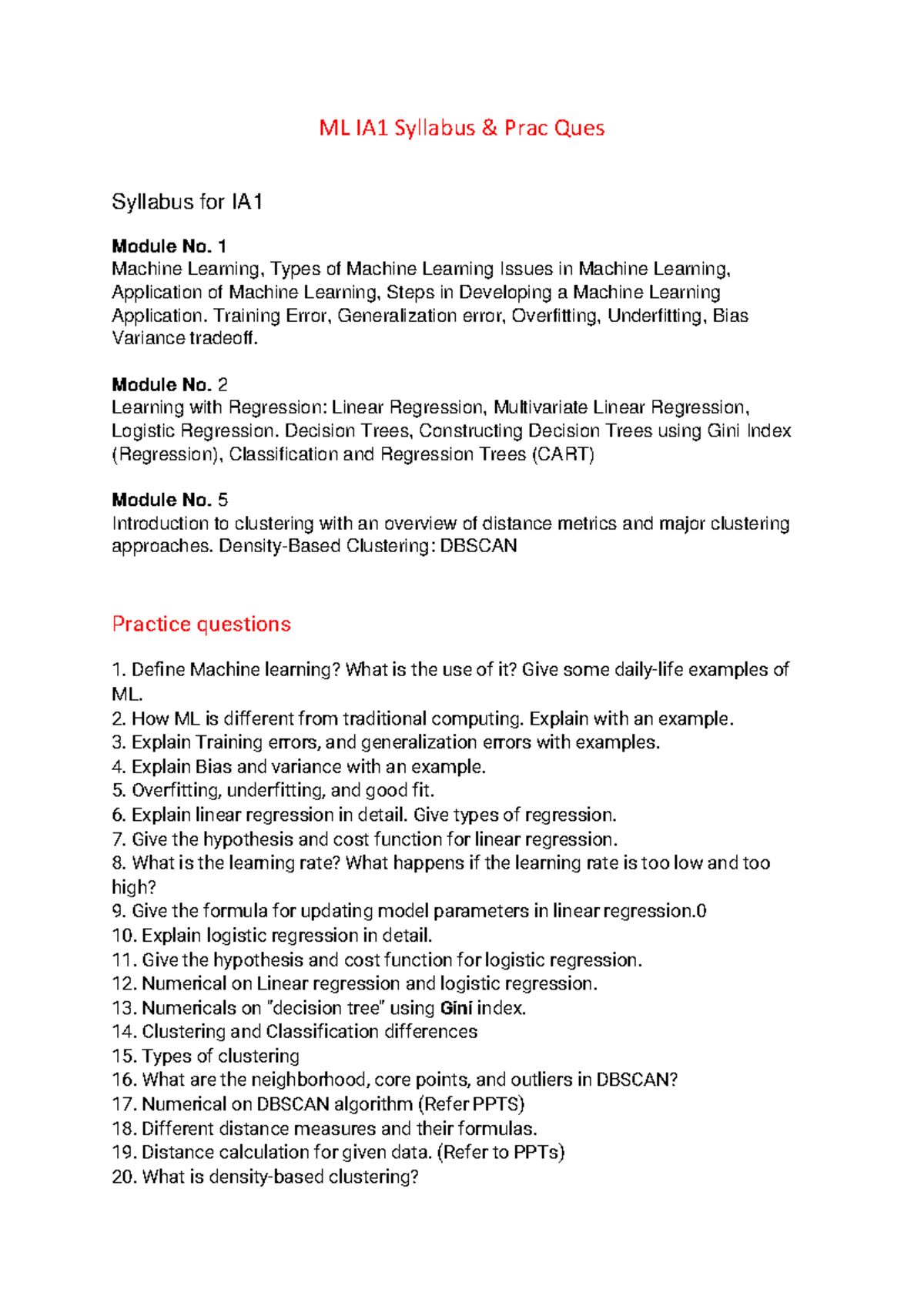 ML IA1 Syllabus & Prac Ques - ML IA1 Syllabus & Prac Ques Syllabus for ...