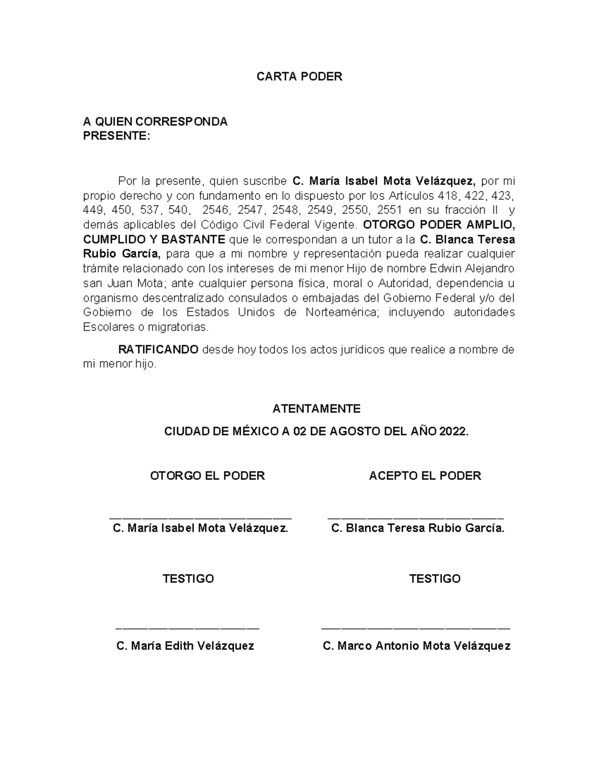 Carta Poder federal - CARTA PODER A QUIEN CORRESPONDA PRESENTE: Por la ...