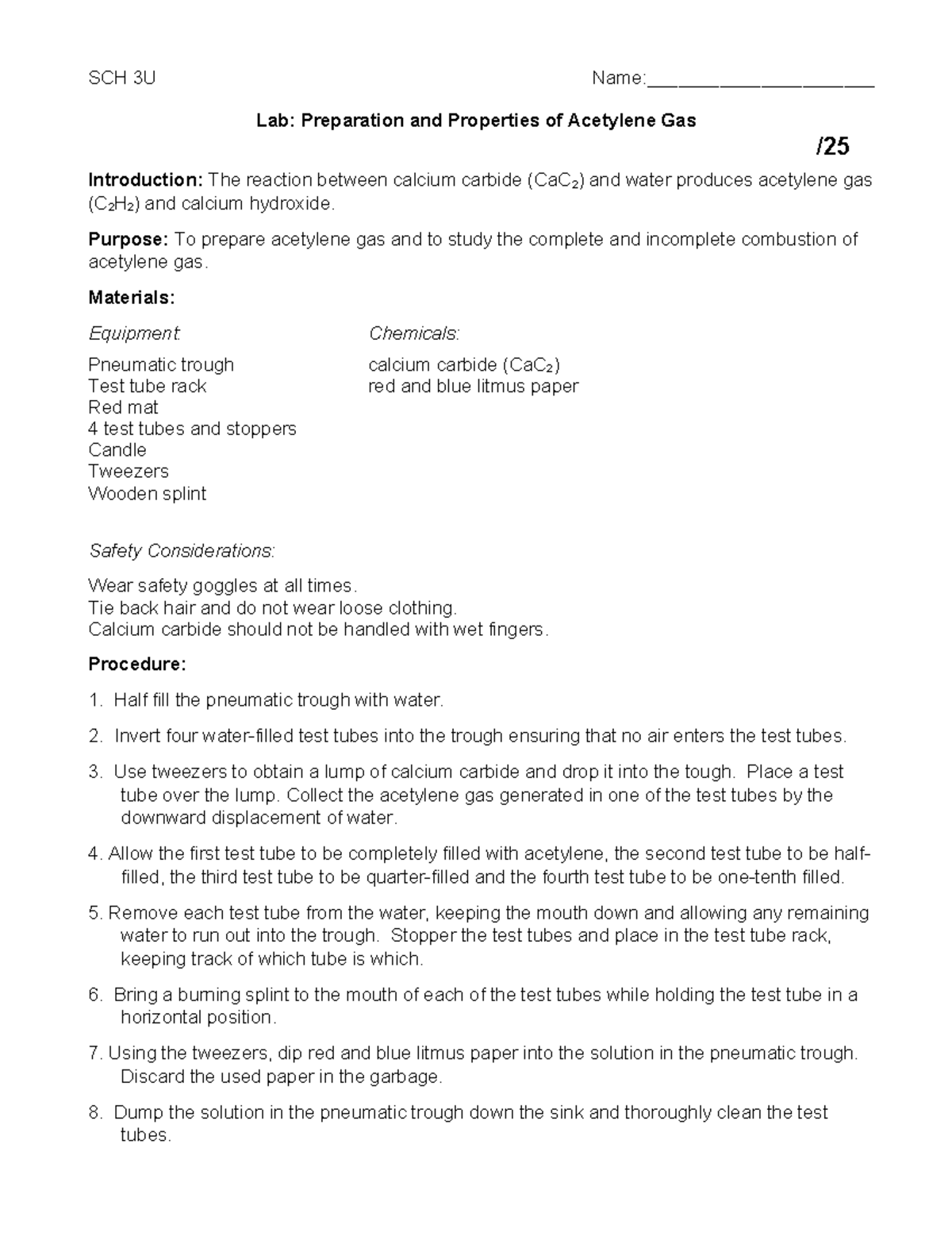 Lab-Preparation and Properties of Acetylene Gas - SCH 3U Name ...