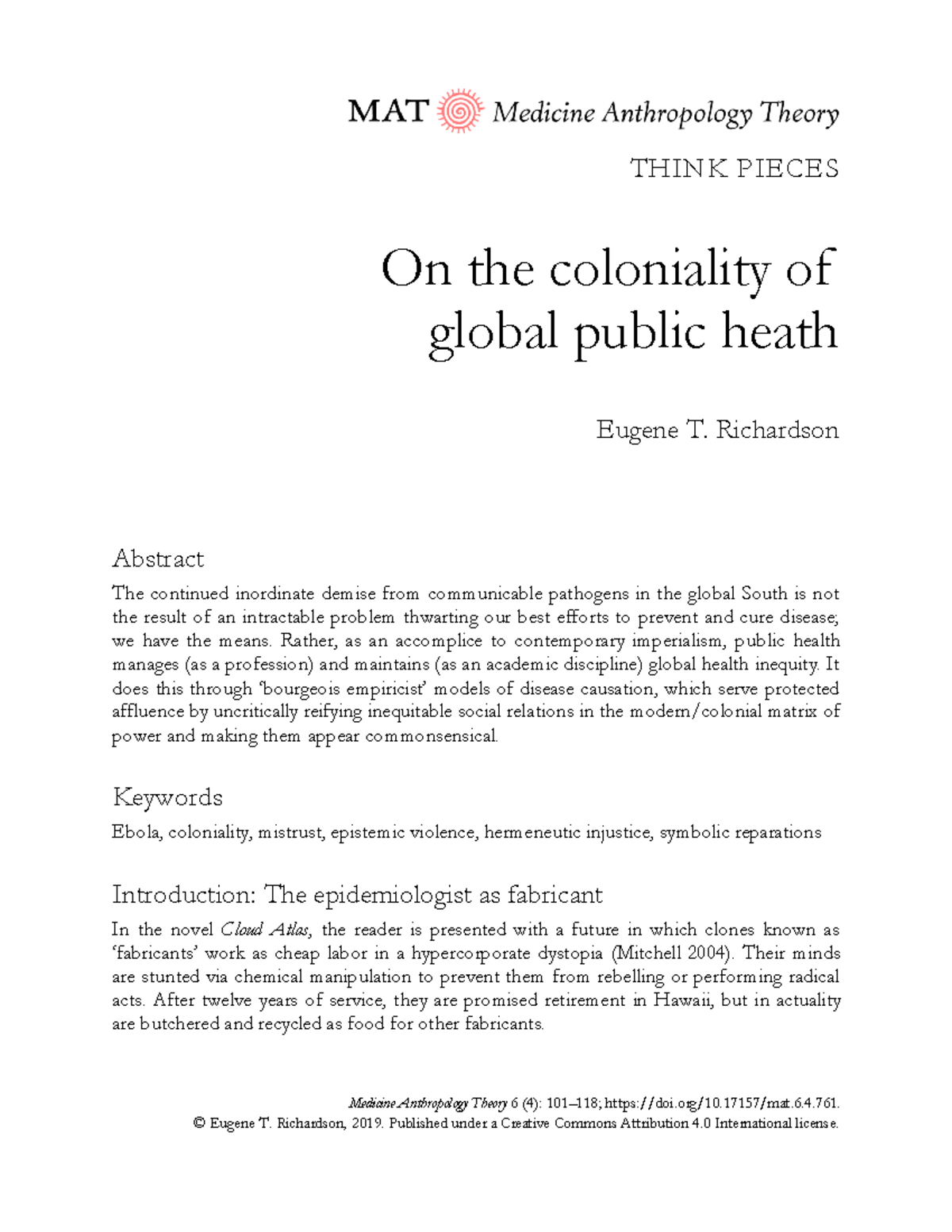 On the Coloniality of public health - Medicine Anthropology Theory 6 (4 ...