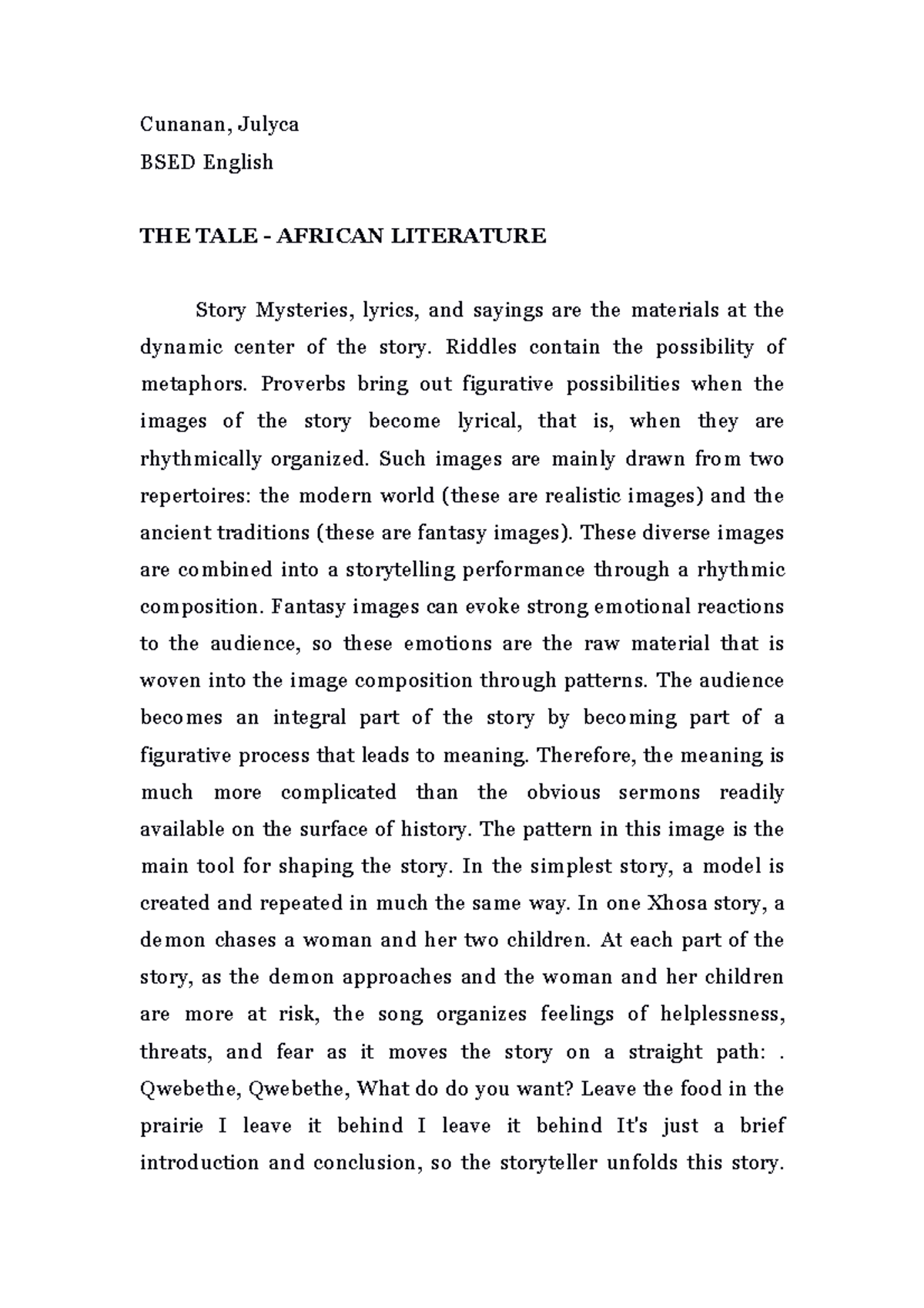 THE TALE - African Literature - Cunanan, Julyca BSED English THE TALE ...