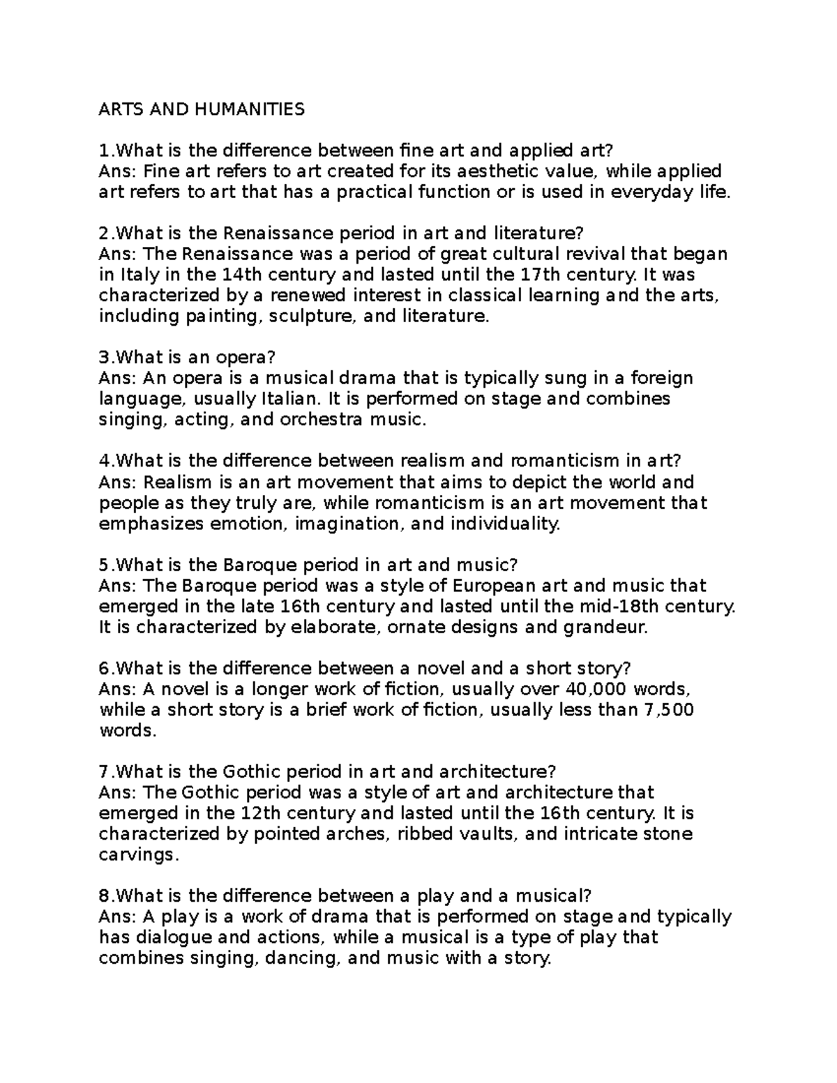 ARTS AND Humanities 1 - QUIZ - ARTS AND HUMANITIES 1 is the difference ...