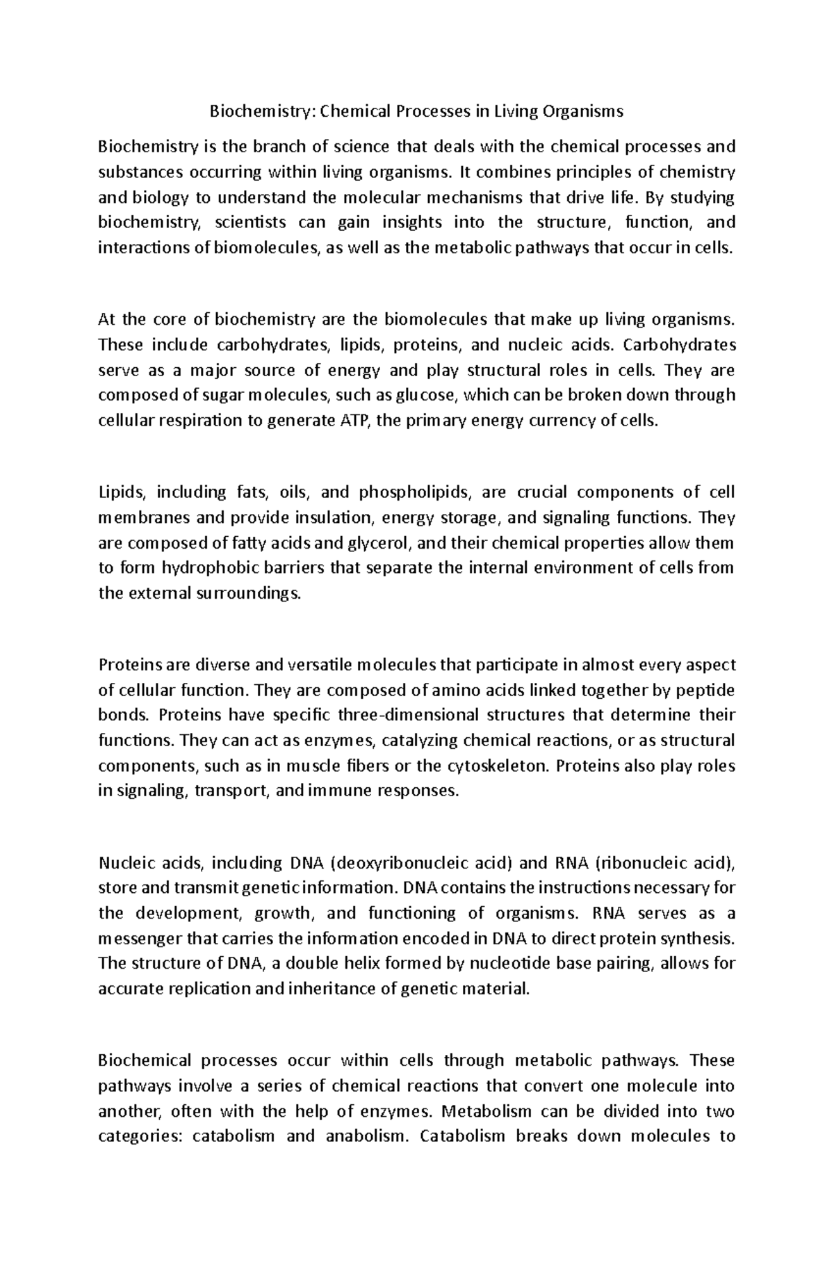 Biochemistry Chemical Processes in Living Organisms - Biochemistry ...