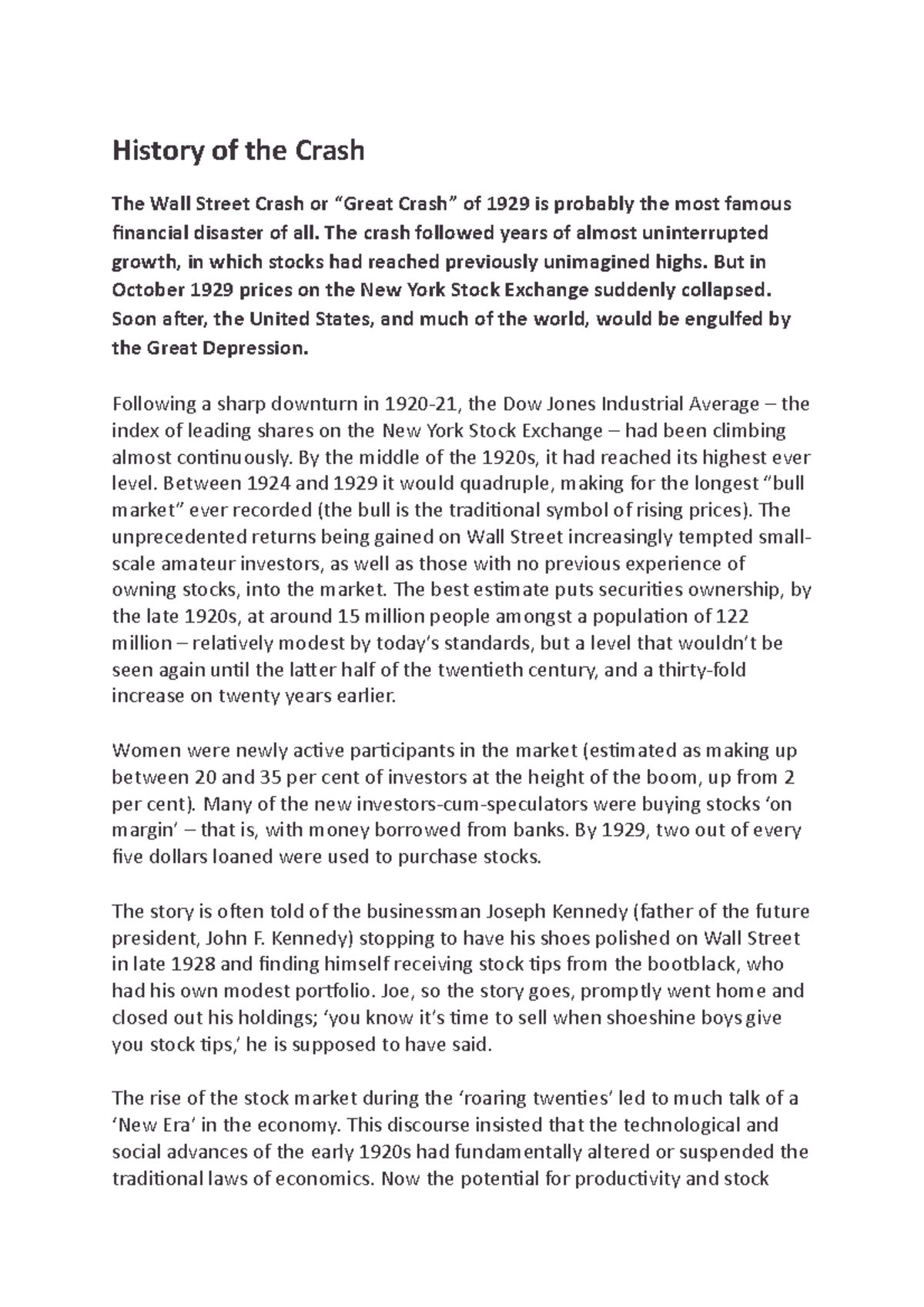 History of crash - History of the Crash The Wall Street Crash or “Great ...