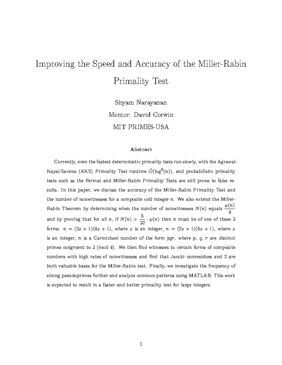 MIT Primality Test-1 - Improving the Speed and Accuracy of the Miller ...