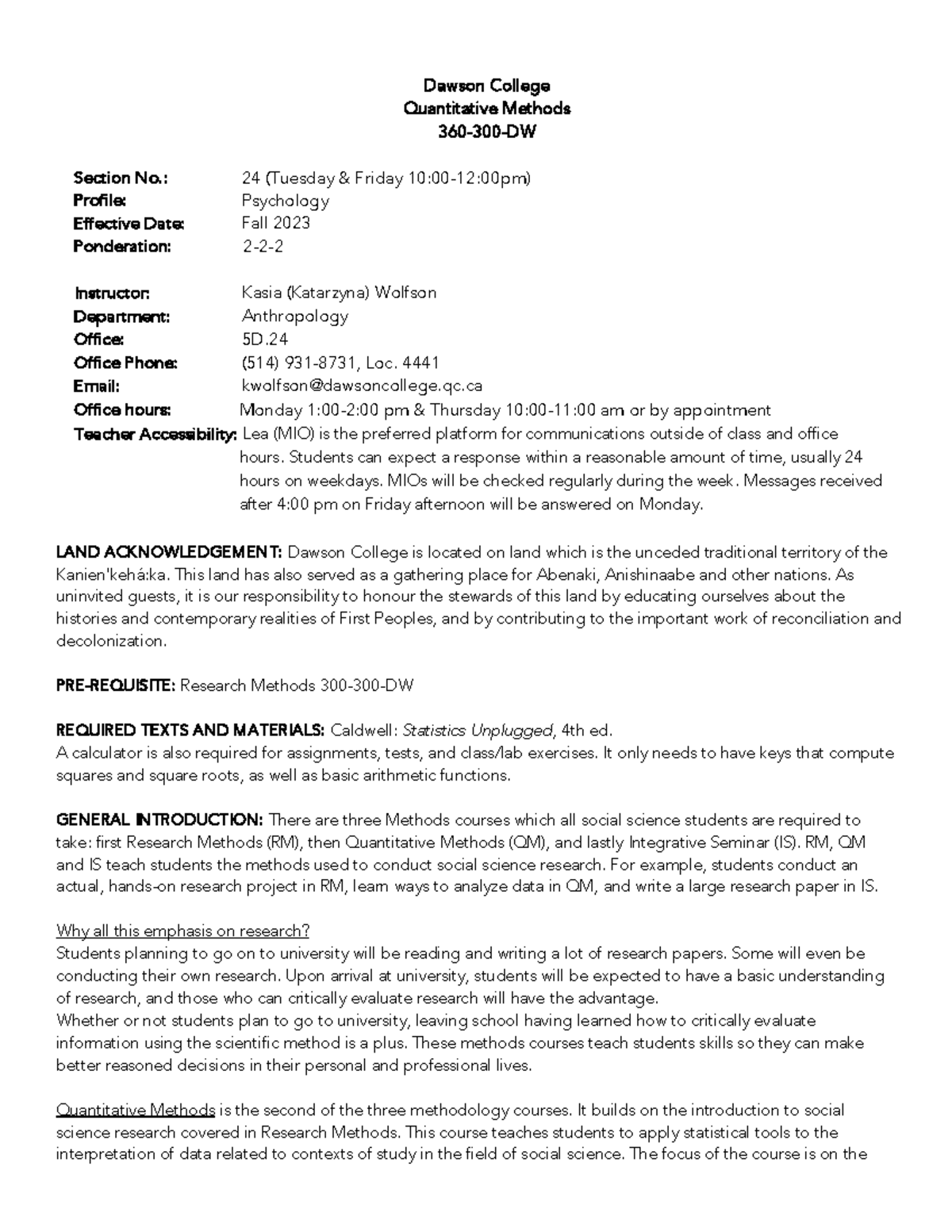 Course outline - Fall 2023 - Dawson College Quantitative Methods 360 ...