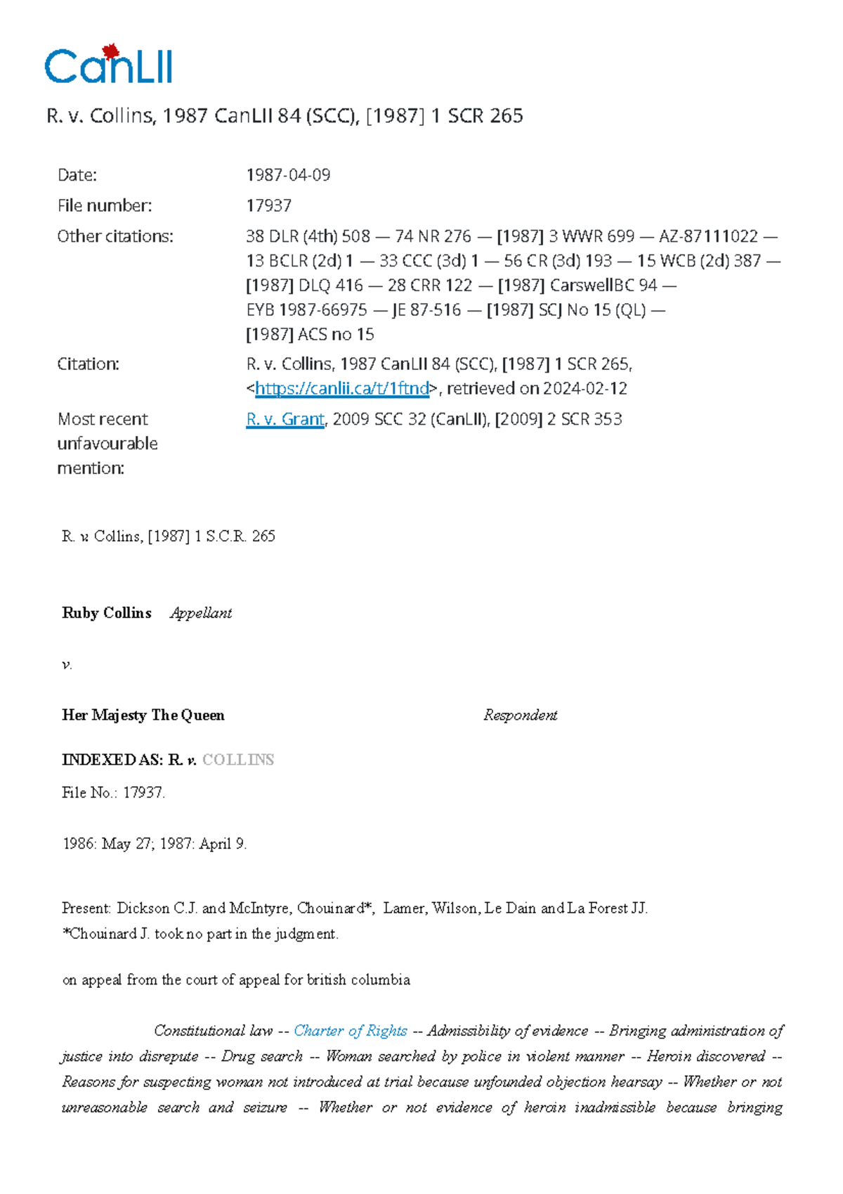 1987 Can LII 84 (SCC) R. v. Collins Can LII - R. v. Collins, 1987 ...