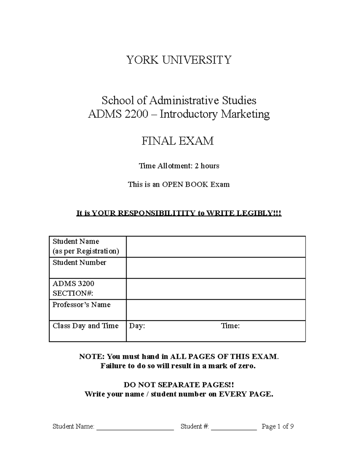 Sample exam - Exam discription - YORK UNIVERSITY School of ...