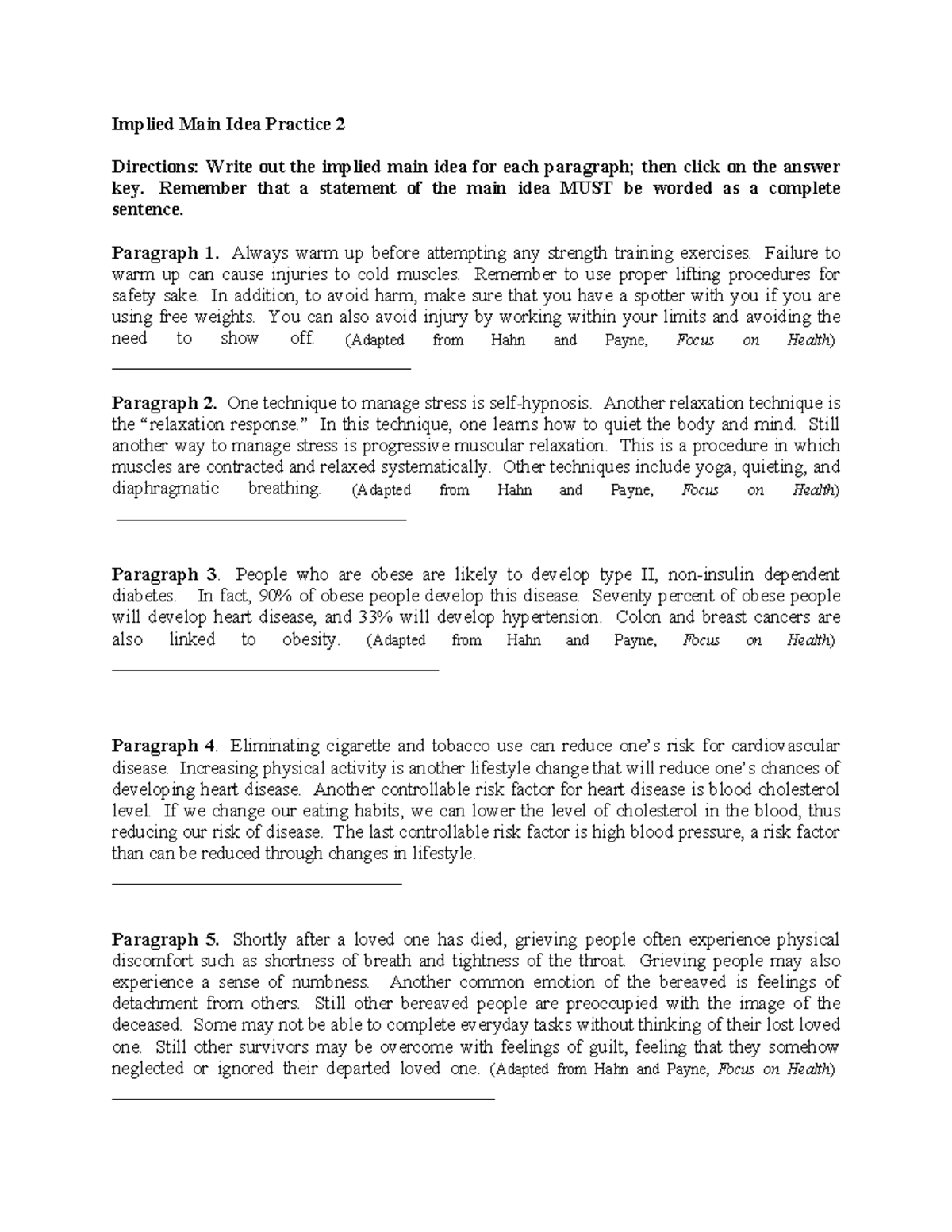 ELC Tutorial main ideas - Implied Main Idea Practice 2 Directions: Write out the implied main ...